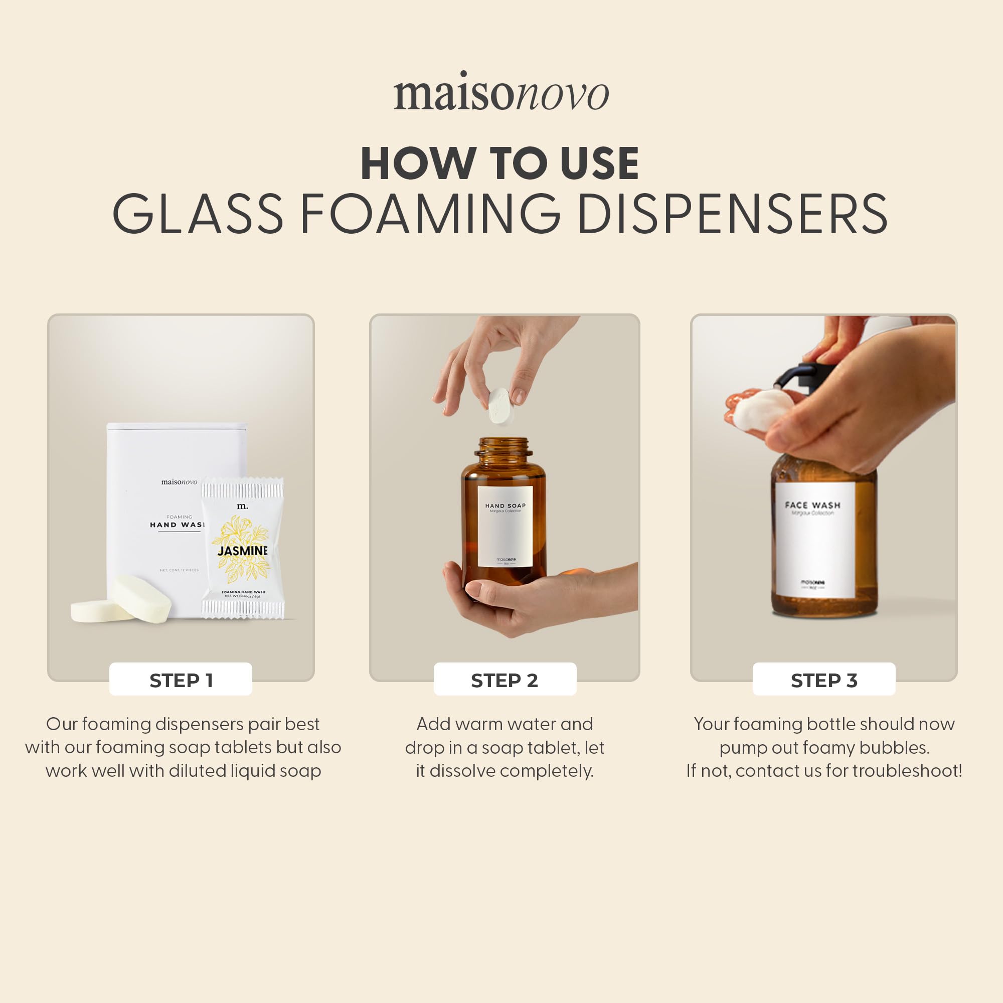 MAISONOVO Foaming Soap Dispenser - Hand Soap Refills for Foaming Dispenser - Amber Bottle 14 oz - 12 Mix Tablets