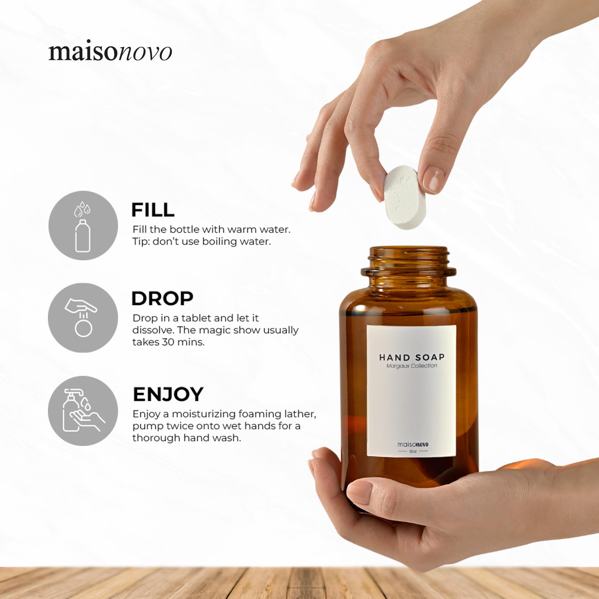 MaisoNovo Foaming Soap Dispenser with Concrete Tray - Hand Soap Refills for Foaming Dispenser - Black Bottle w.Tray 14 oz - 12 Mix Tablets