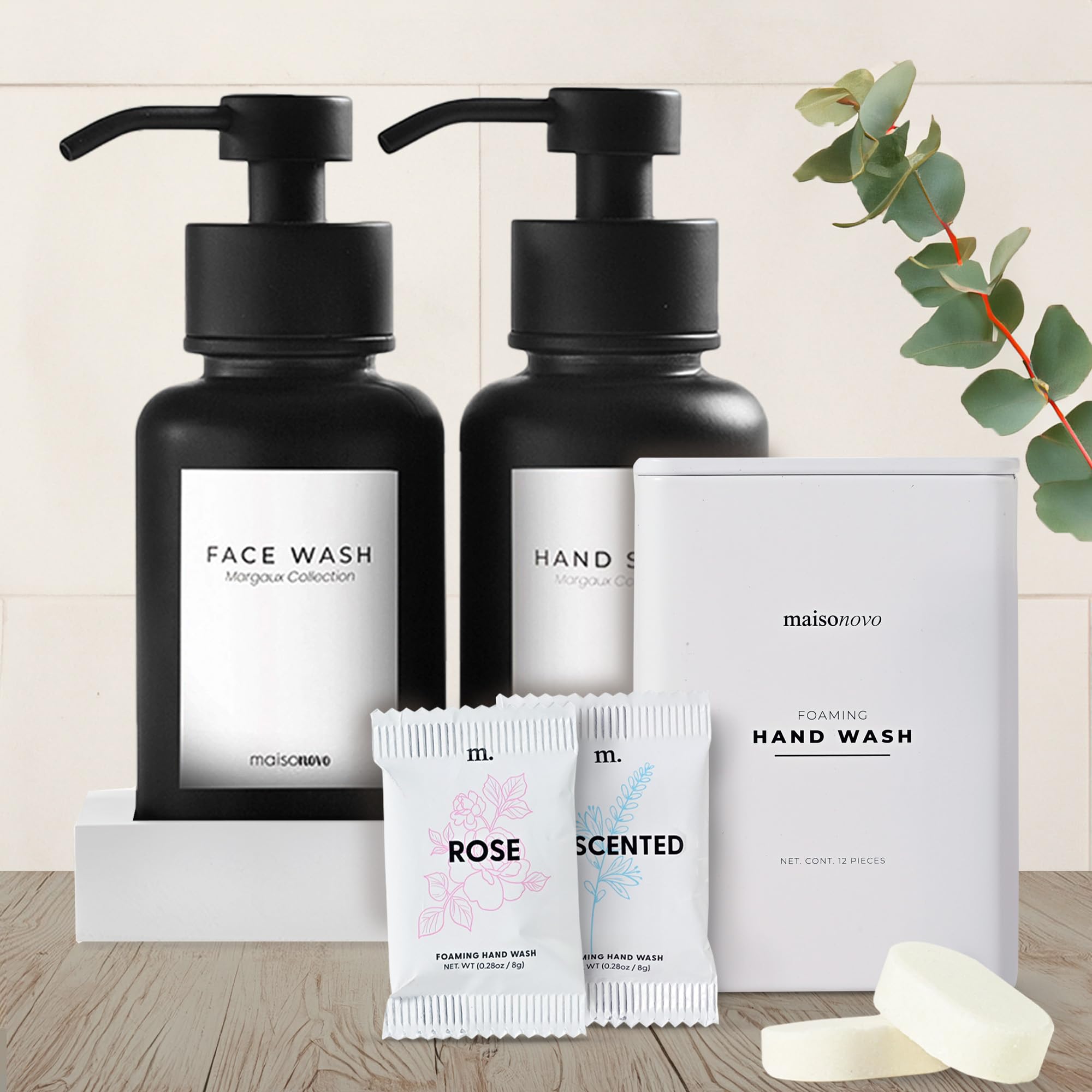 MaisoNovo Foaming Soap Dispenser with Concrete Tray - Hand Soap Refills for Foaming Dispenser - Black Bottle w.Tray 14 oz - 12 Mix Tablets