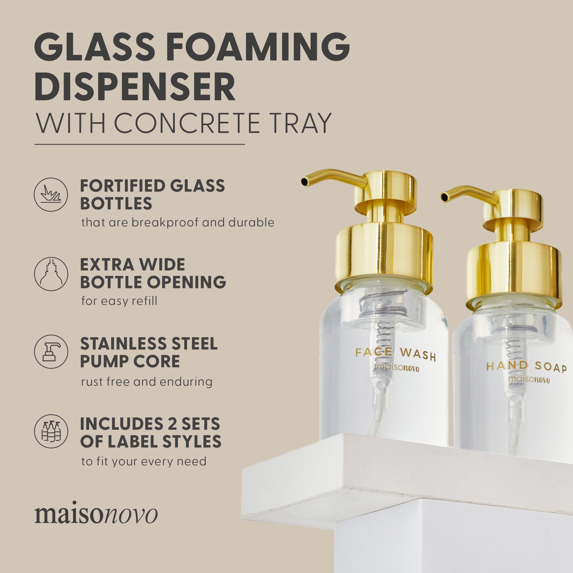 MaisoNovo Foaming Soap Dispenser with Concrete Tray - Hand Soap Refills for Foaming Dispenser - Clear Bottle w.Tray 14 oz - 12 Mix Tablets