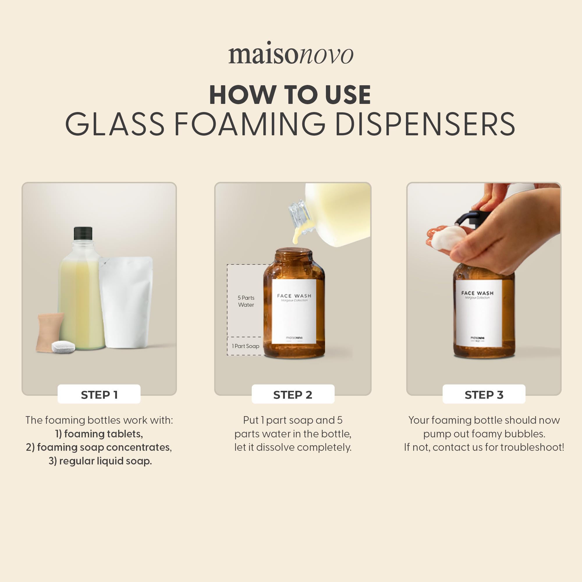 MaisoNovo Foaming Soap Dispenser with Concrete Tray - Hand Soap Refills for Foaming Dispenser - Clear Bottle w.Tray 14 oz - 12 Mix Tablets