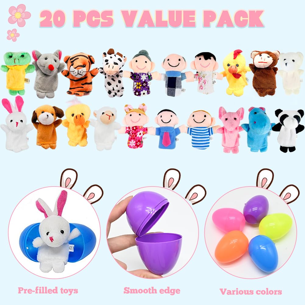 20PCS Easter Eggs Filled with Finger Puppets, Filled Easter Eggs with Family Animals Puppets for Kids, Easter Theme Party, Basket Stuffers Fillers, Easter Egg Hunt