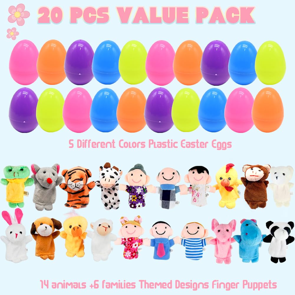20PCS Easter Eggs Filled with Finger Puppets, Filled Easter Eggs with Family Animals Puppets for Kids, Easter Theme Party, Basket Stuffers Fillers, Easter Egg Hunt
