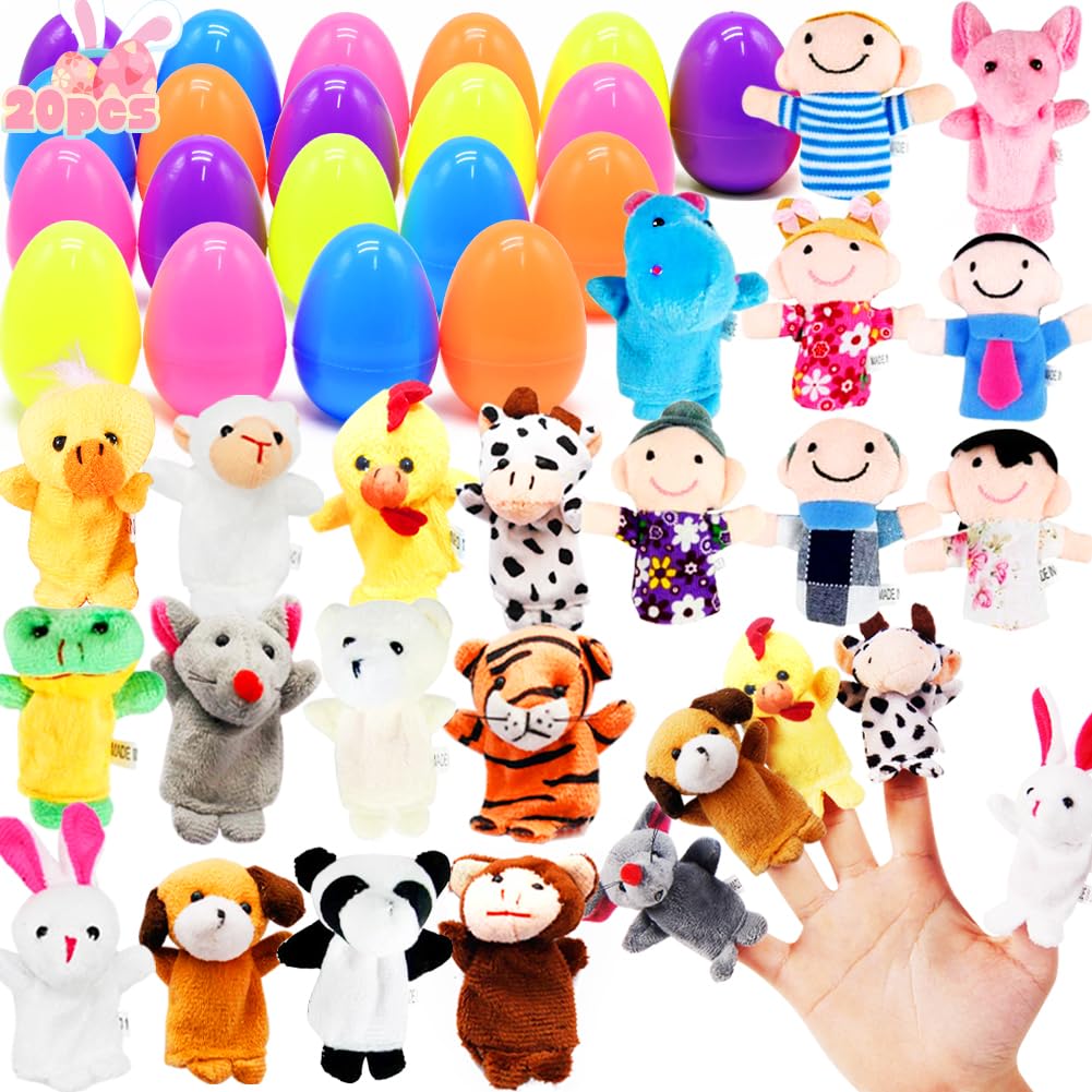 20PCS Easter Eggs Filled with Finger Puppets, Filled Easter Eggs with Family Animals Puppets for Kids, Easter Theme Party, Basket Stuffers Fillers, Easter Egg Hunt