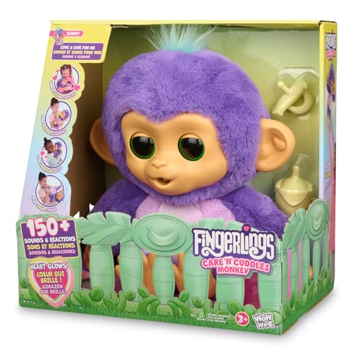 Fingerlings Care ‘n’ Cuddles Interactive Baby Monkey, Sunny (Purple), Toys for 3 Year Olds, 150+ Sounds and Reactions, Heart Lights Up