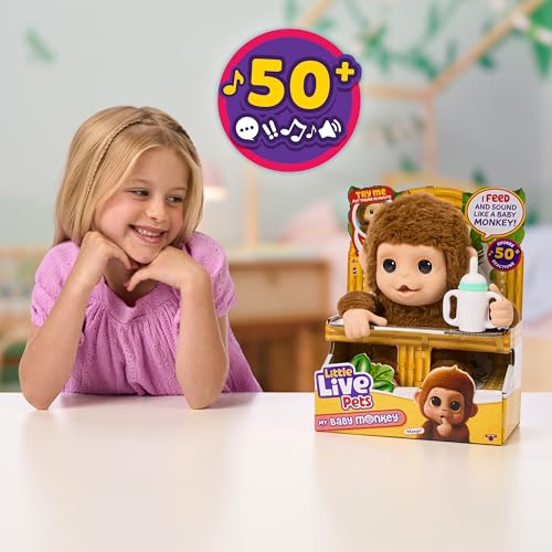 Little Live Pets My Baby Monkey - Adorable pet Monkey with Over 50 Sounds & Reactions. Expressive Moving Mouth. Mango Sucks his Thumb, Feeds from his Bottle, & Hangs from his Hands & feet!