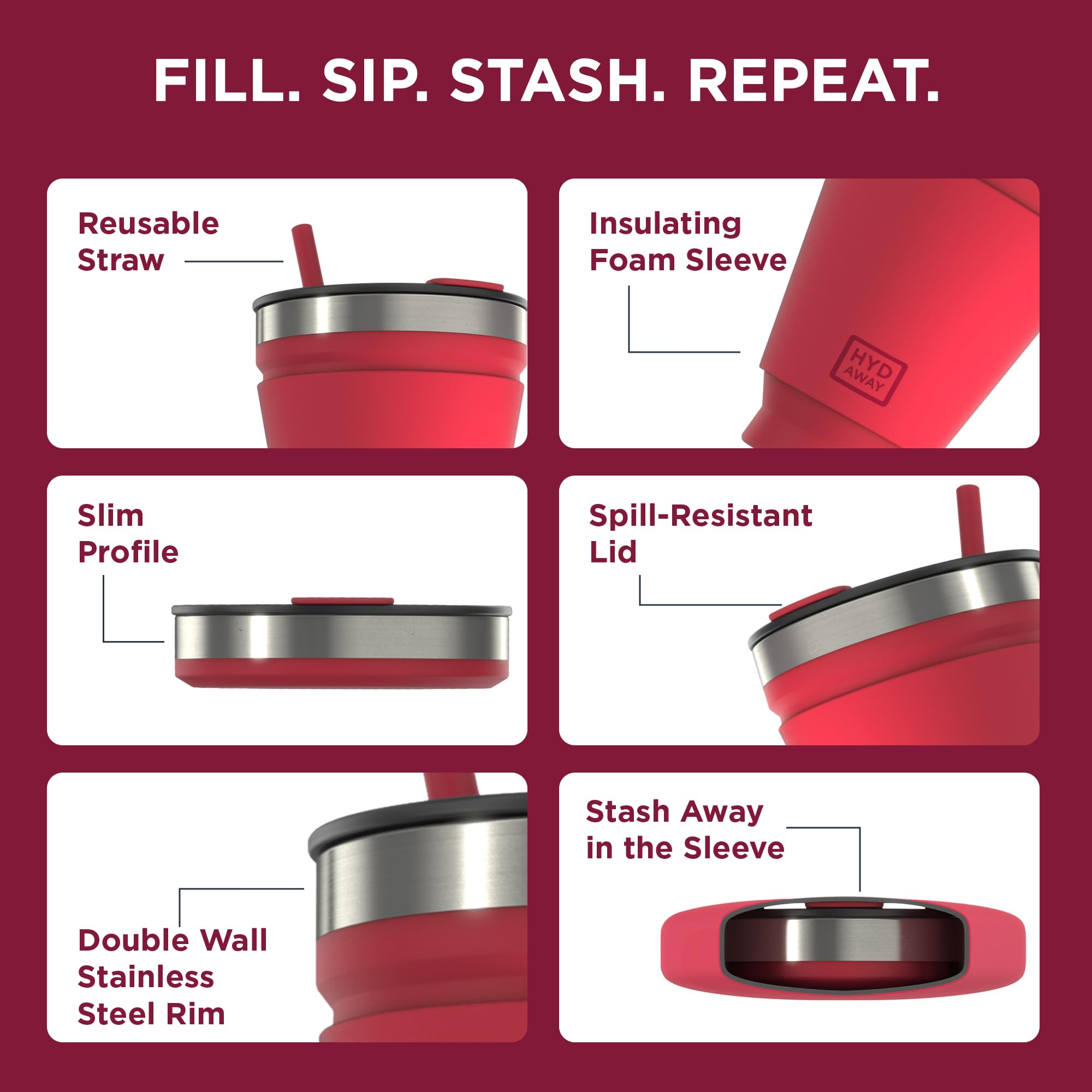 HYDAWAY Collapsible Tumbler with Lid and Straw - 16 oz I Portable, Insulated Silicone Travel Mug, Hot & Cold Foldable Cup for Coffee, Tea, Camping & Backpacking, Spill Proof Lid & Steel Rim
