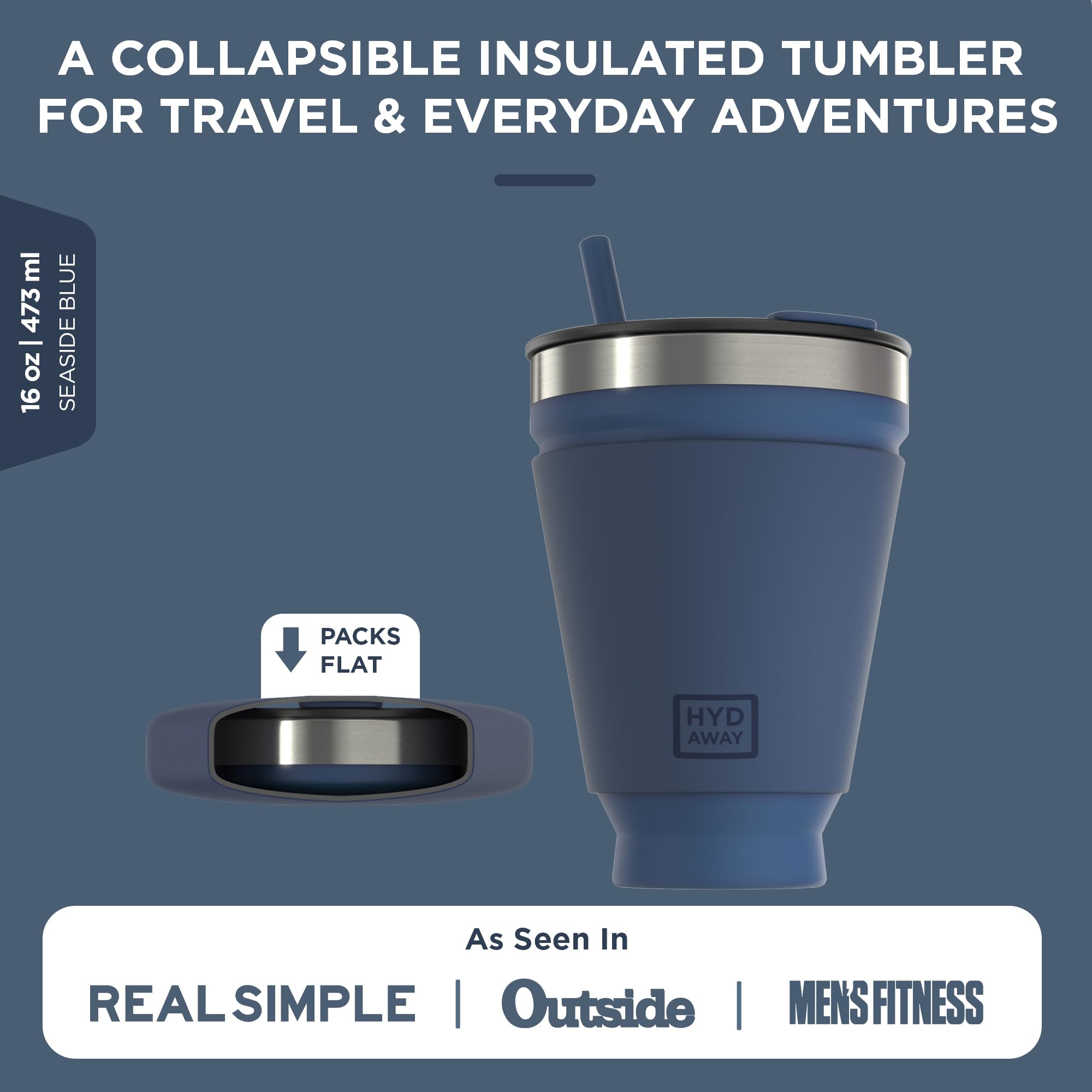 HYDAWAY Collapsible Tumbler with Lid and Straw - 16 oz I Portable, Insulated Silicone Travel Mug, Hot & Cold Foldable Cup for Coffee, Tea, Camping & Backpacking, Spill Proof Lid & Steel Rim