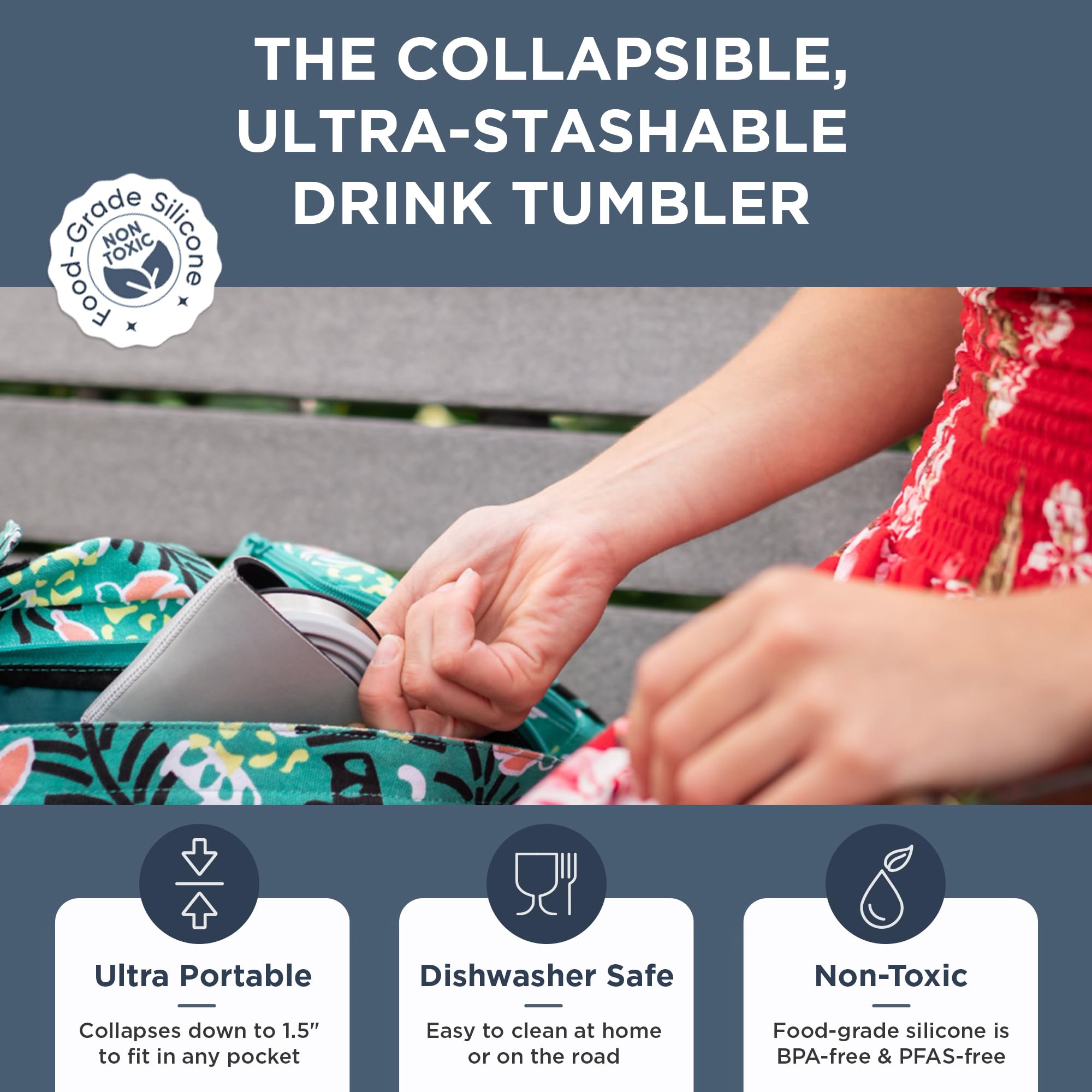 HYDAWAY Collapsible Tumbler with Lid and Straw - 16 oz I Portable, Insulated Silicone Travel Mug, Hot & Cold Foldable Cup for Coffee, Tea, Camping & Backpacking, Spill Proof Lid & Steel Rim
