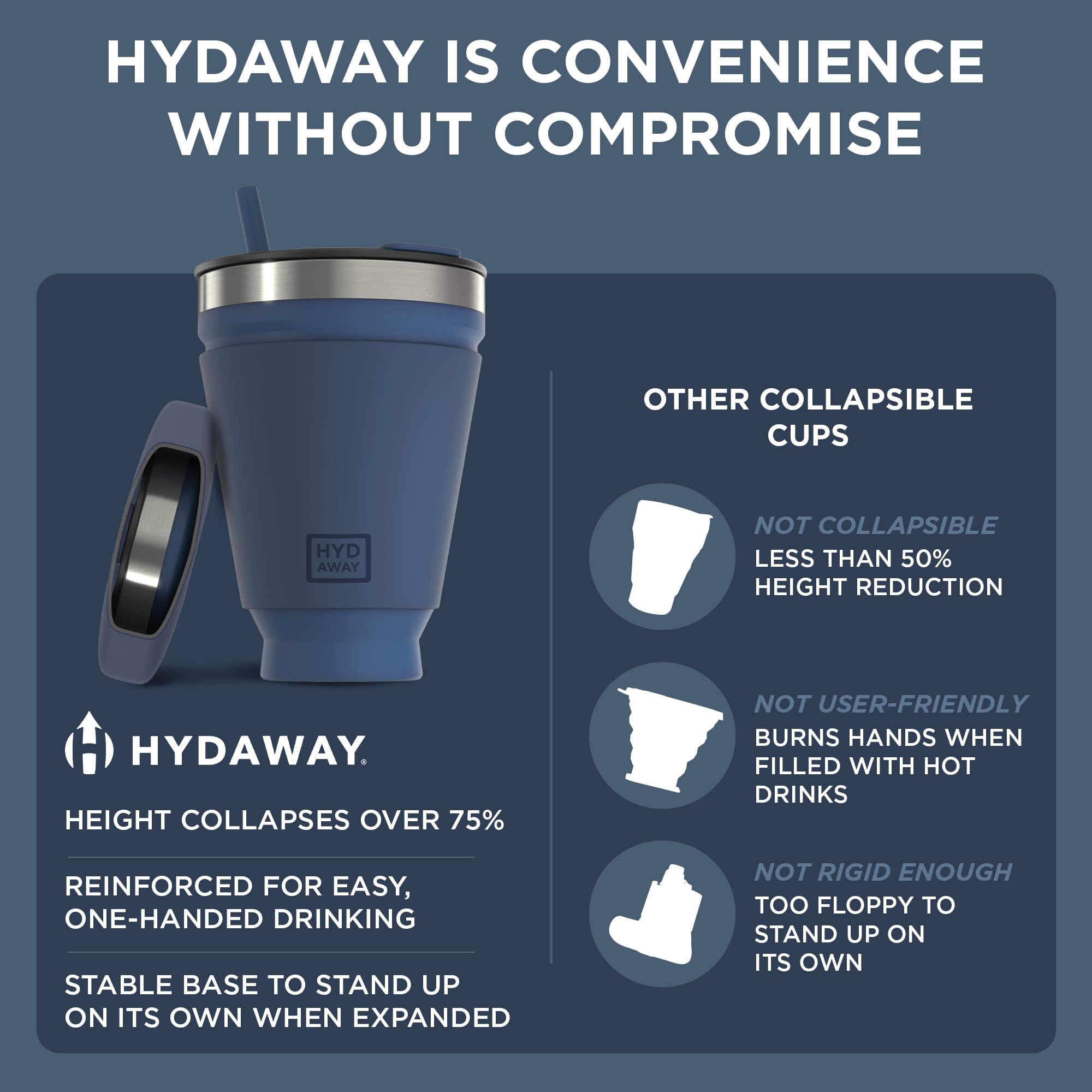 HYDAWAY Collapsible Tumbler with Lid and Straw - 16 oz I Portable, Insulated Silicone Travel Mug, Hot & Cold Foldable Cup for Coffee, Tea, Camping & Backpacking, Spill Proof Lid & Steel Rim