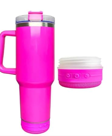MacTings 40 Oz Bluetooth Tumbler with 5W Stereo Speaker, LED Light Base, Double Wall Vacuum Insulated Tumbler, Sublimation Tumbler Cup with Handle (RosePink)
