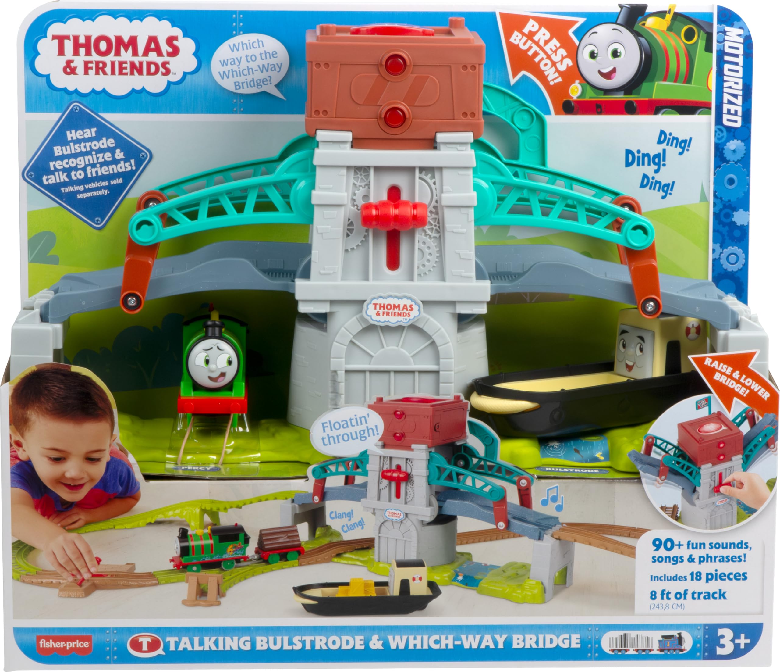 ​Thomas & Friends Toy Train Set Talking Bulstrode & Which-Way Bridge Track Playset with Sounds & Percy Engine for Kids Ages 3+ Years