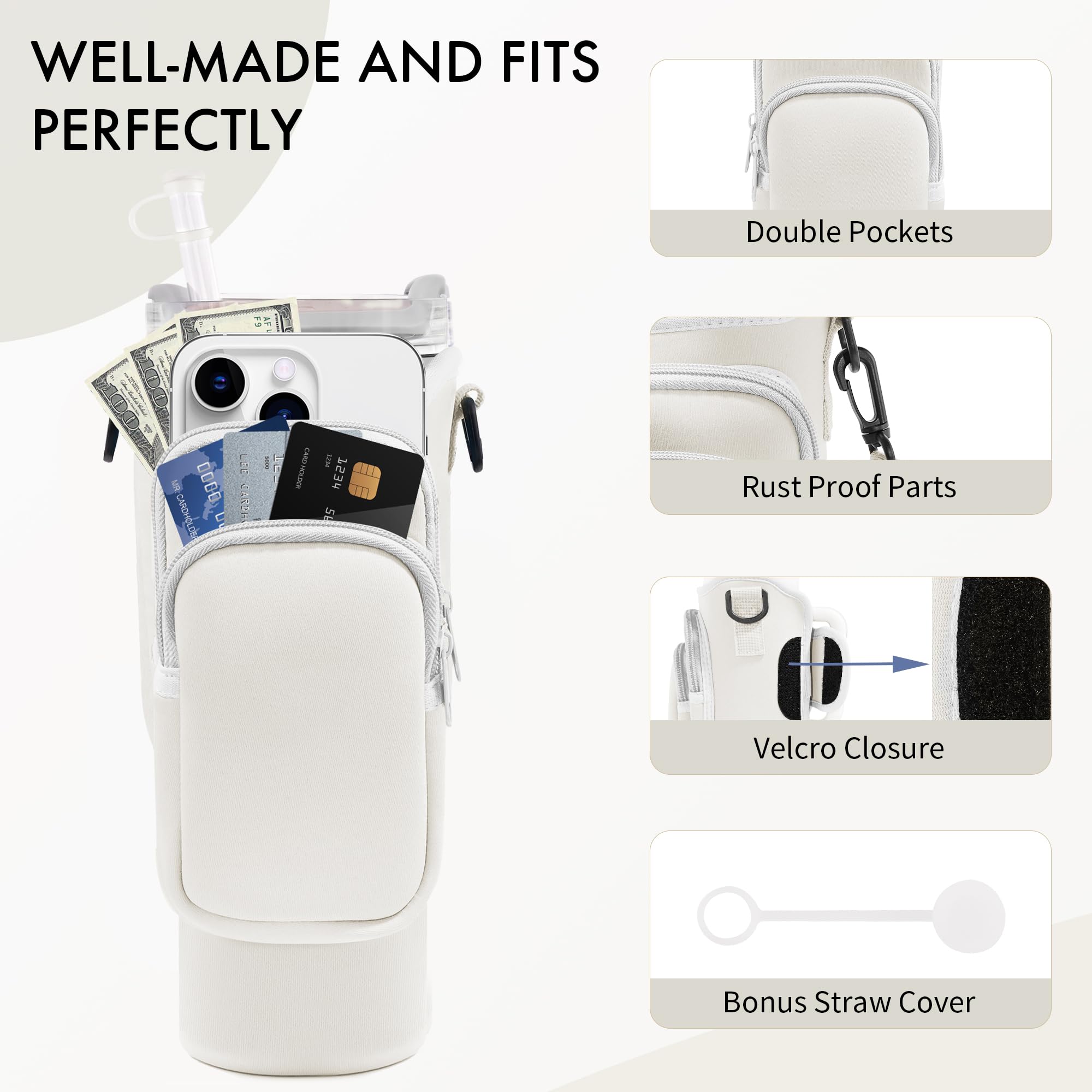 JEBEALUO Water Bottle Carrier Bag with Phone Pocket for Stanley Cup 40/30 oz, Water Bottle Holder with Adjustable Strap& Straw Cover, Stanley Cup Accessories (White)