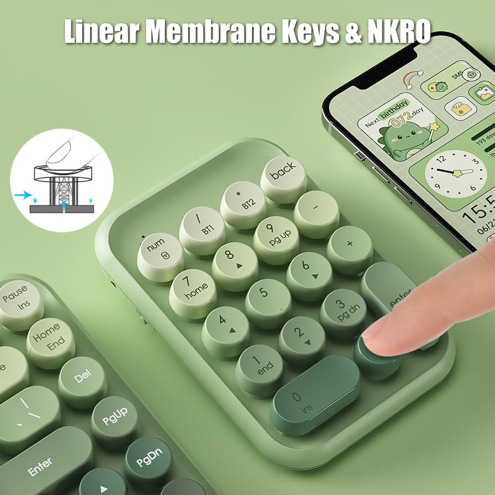 TISHLED Typewriter Style Number Keypad Wireless 2.4G/Bluetooth/USB-C Wired Rechargeable Numeric Pad Linear Membrane Switch 18-Key NKRO Retro Round Keycaps Portable for Multi-Device, Matcha Green