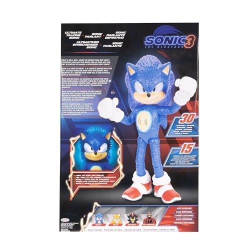 Sonic The Hedgehog 3 Ultimate Talking Sonic 12-Inch Figure, Features 30+ Iconic and Humorous Phrases and Sounds from The Movies, Light-Up Eyes and Quills