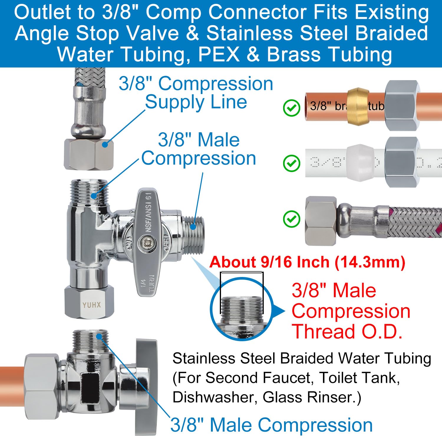Brass Angle Stop Add-A-Tee Valve,3/8 x 3/8" x 3/8 Compression Water Splitter
