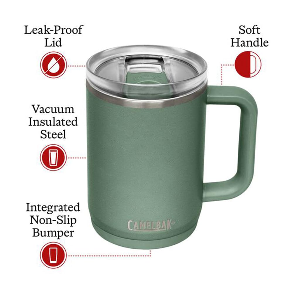CamelBak Thrive Leak-Proof 16 oz Mug, Insulated Stainless Steel - For travel, coffee, tea, hot beverages - Spill Proof - Cup-holder Compatible, Moss