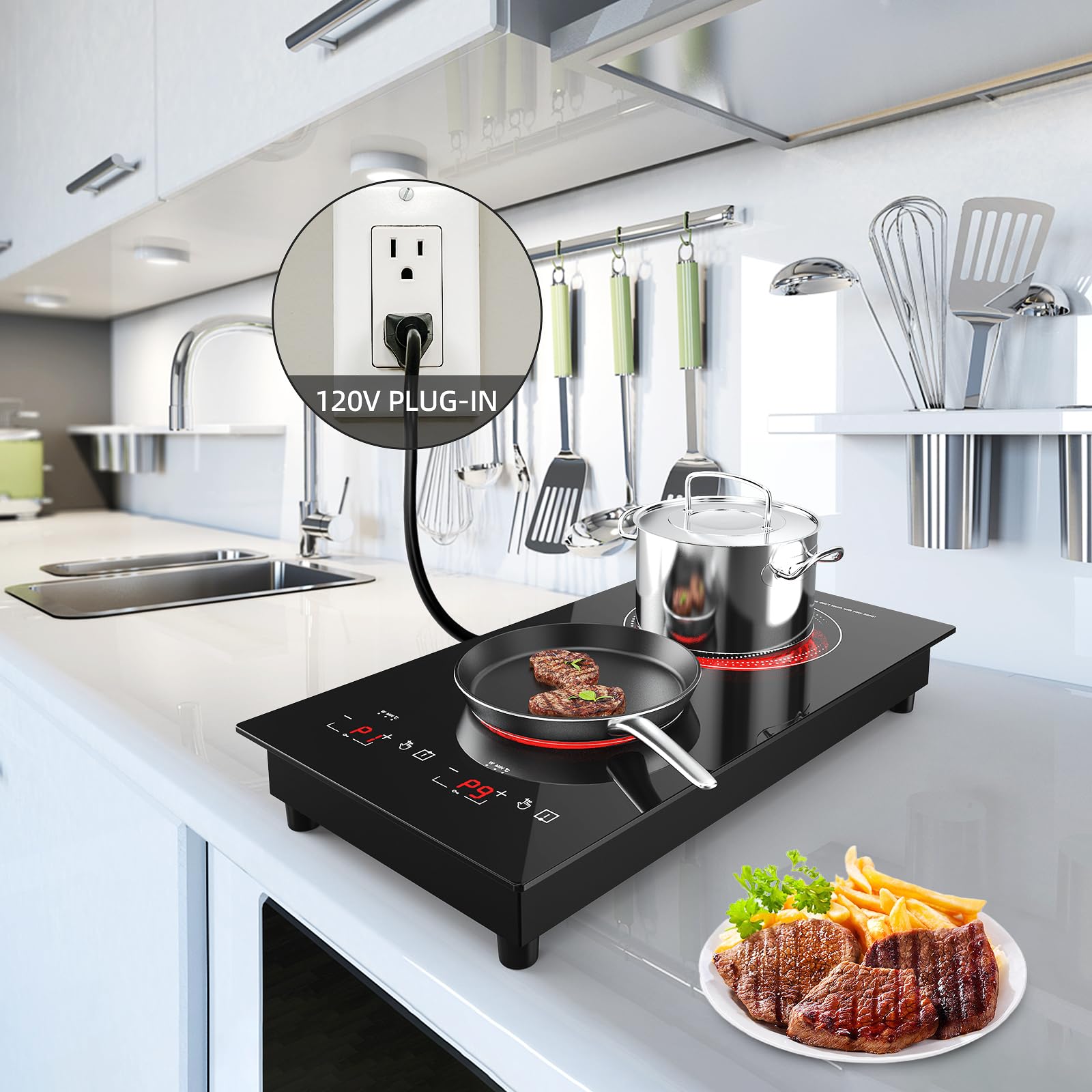 POTFYA Electric Cooktop, 12 Inch Built-in Radiant Electric Stove Top,110V 2100W Electric burner with 2 Burners,9 Power Levels,Kids Safety Lock & Timer, Overheat Protection,Sensor Touch Control