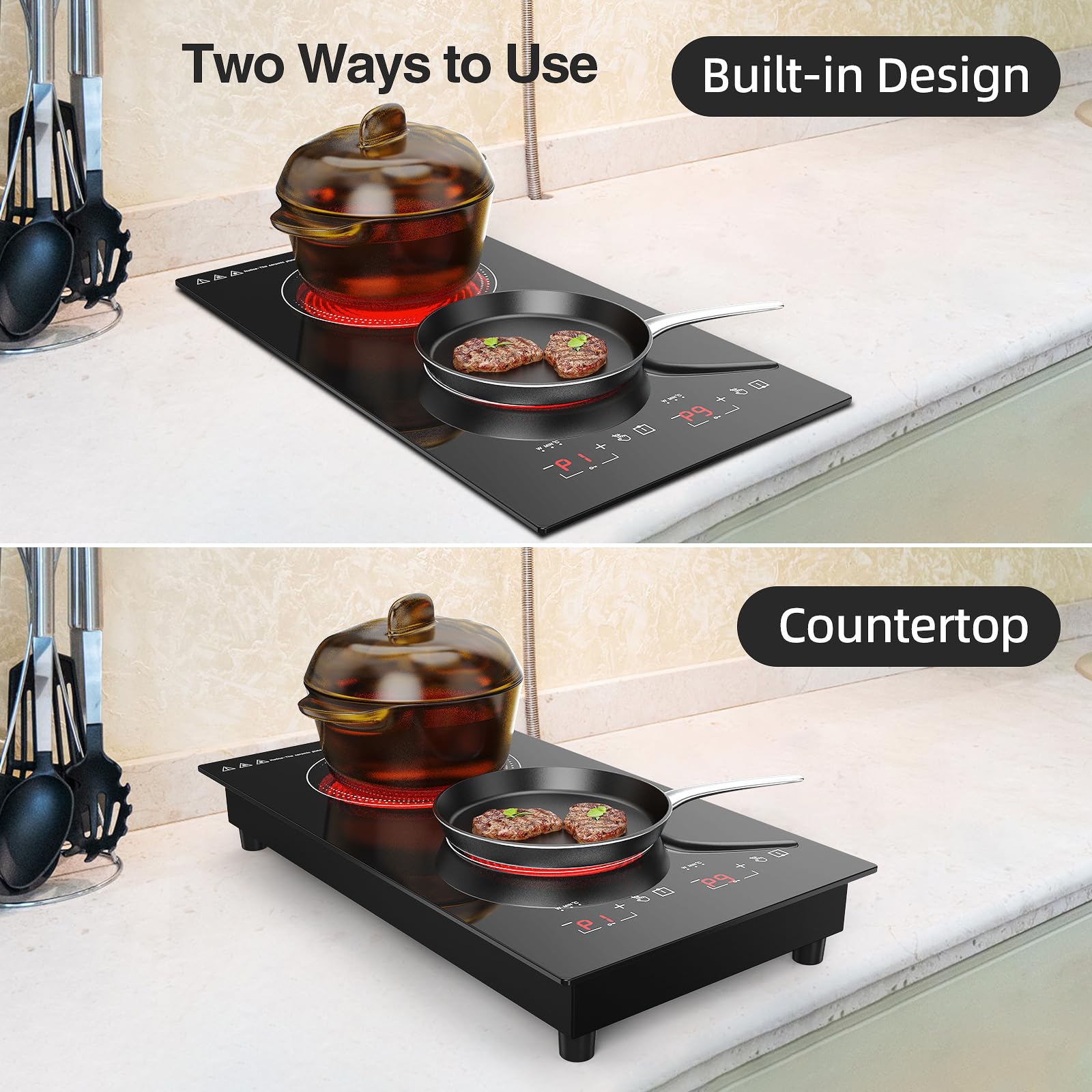 POTFYA Electric Cooktop, 12 Inch Built-in Radiant Electric Stove Top,110V 2100W Electric burner with 2 Burners,9 Power Levels,Kids Safety Lock & Timer, Overheat Protection,Sensor Touch Control