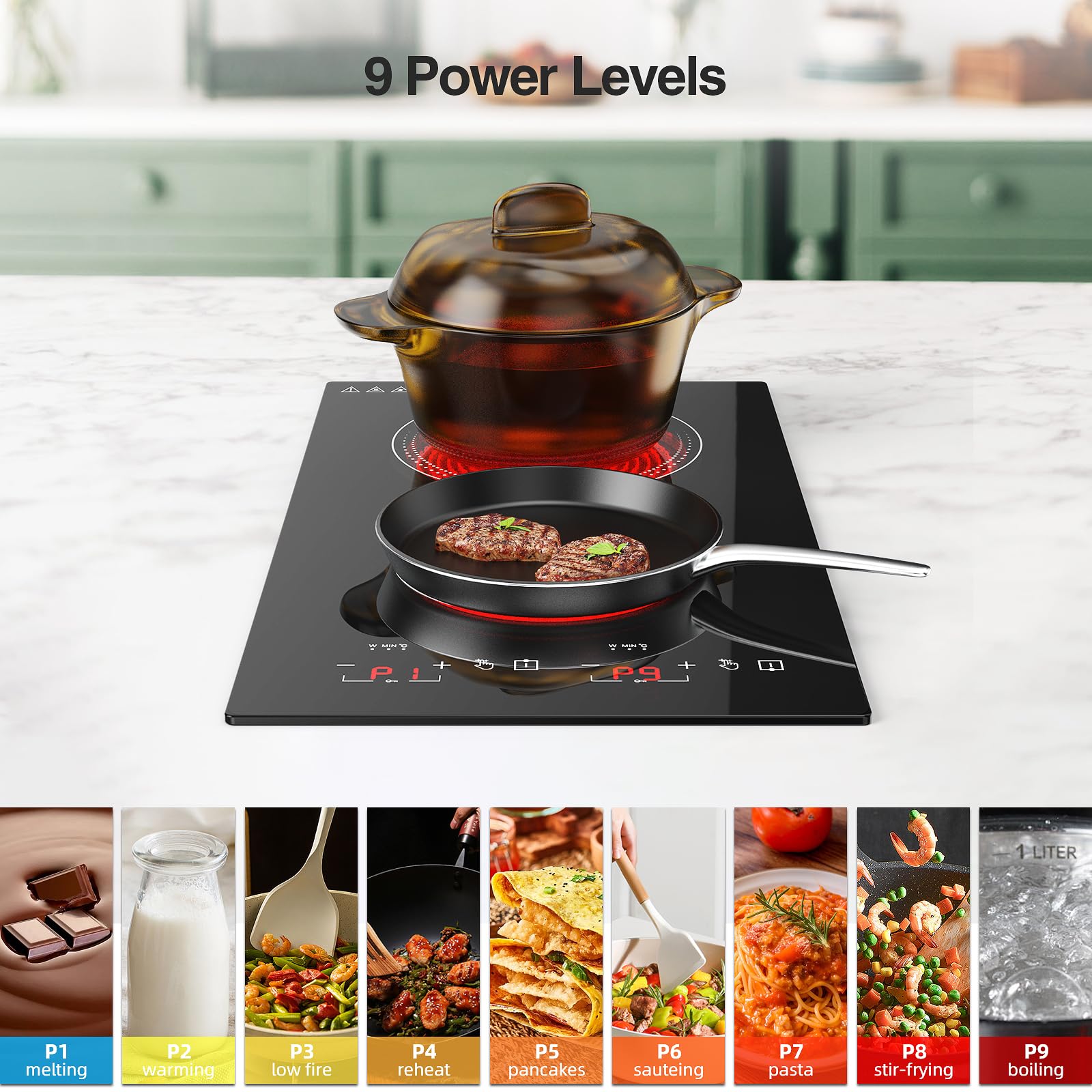 POTFYA Electric Cooktop, 12 Inch Built-in Radiant Electric Stove Top,110V 2100W Electric burner with 2 Burners,9 Power Levels,Kids Safety Lock & Timer, Overheat Protection,Sensor Touch Control
