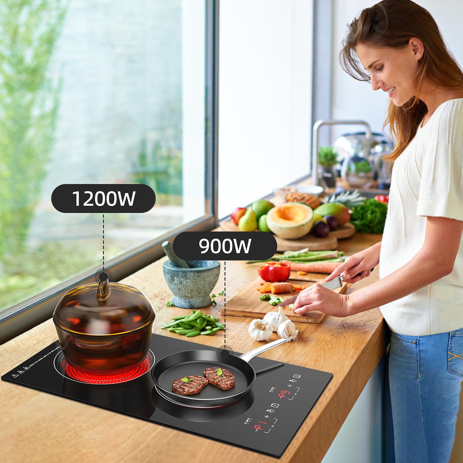 POTFYA Electric Cooktop, 12 Inch Built-in Radiant Electric Stove Top,110V 2100W Electric burner with 2 Burners,9 Power Levels,Kids Safety Lock & Timer, Overheat Protection,Sensor Touch Control