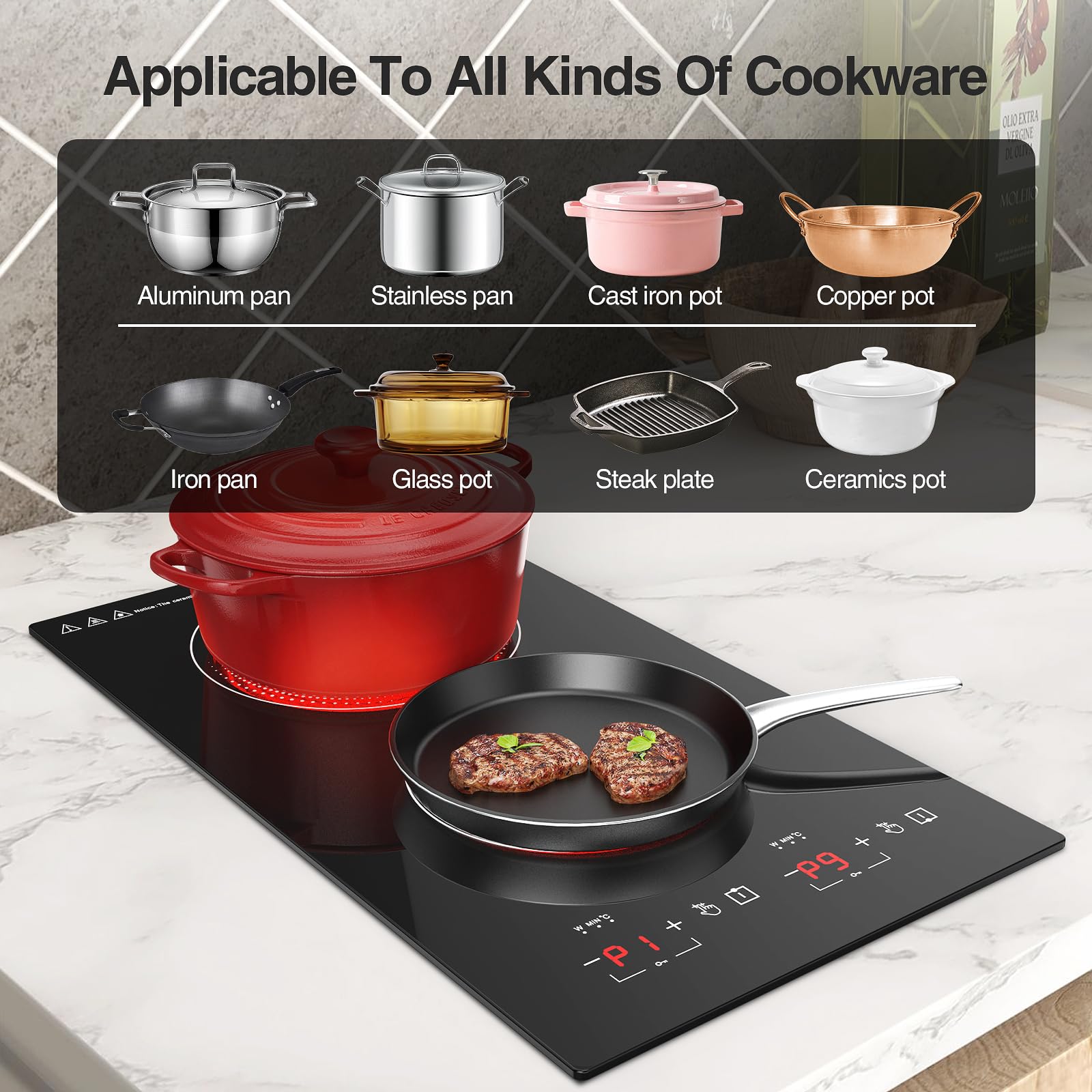 POTFYA Electric Cooktop, 12 Inch Built-in Radiant Electric Stove Top,110V 2100W Electric burner with 2 Burners,9 Power Levels,Kids Safety Lock & Timer, Overheat Protection,Sensor Touch Control