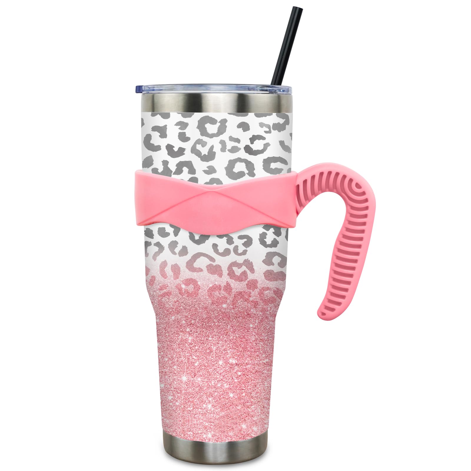 Exacmos 40 oz Tumbler with Handle and Straw 40 oz Leopard Cup Insulated Stainless Steel Coffee Travel Mug Spill Proof Leak Proof Slim 40oz Tumbler with Handle Leopard Decor Stuff Gifts for Women