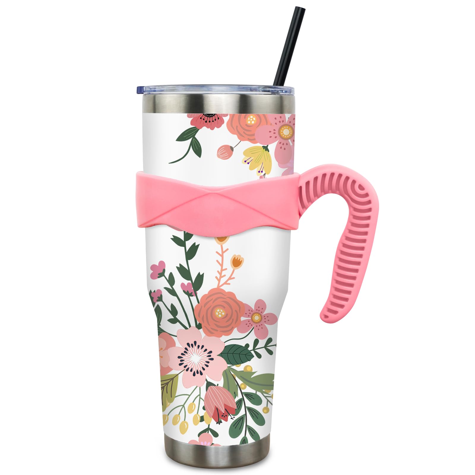 Exacmos 40 oz Tumbler with Handle and Straw 40 oz Floral Cup Insulated Stainless Steel Coffee Travel Mug Spill Proof Leak Proof Slim 40oz Tumbler with Handle Floral Decor Stuff Gifts for Women