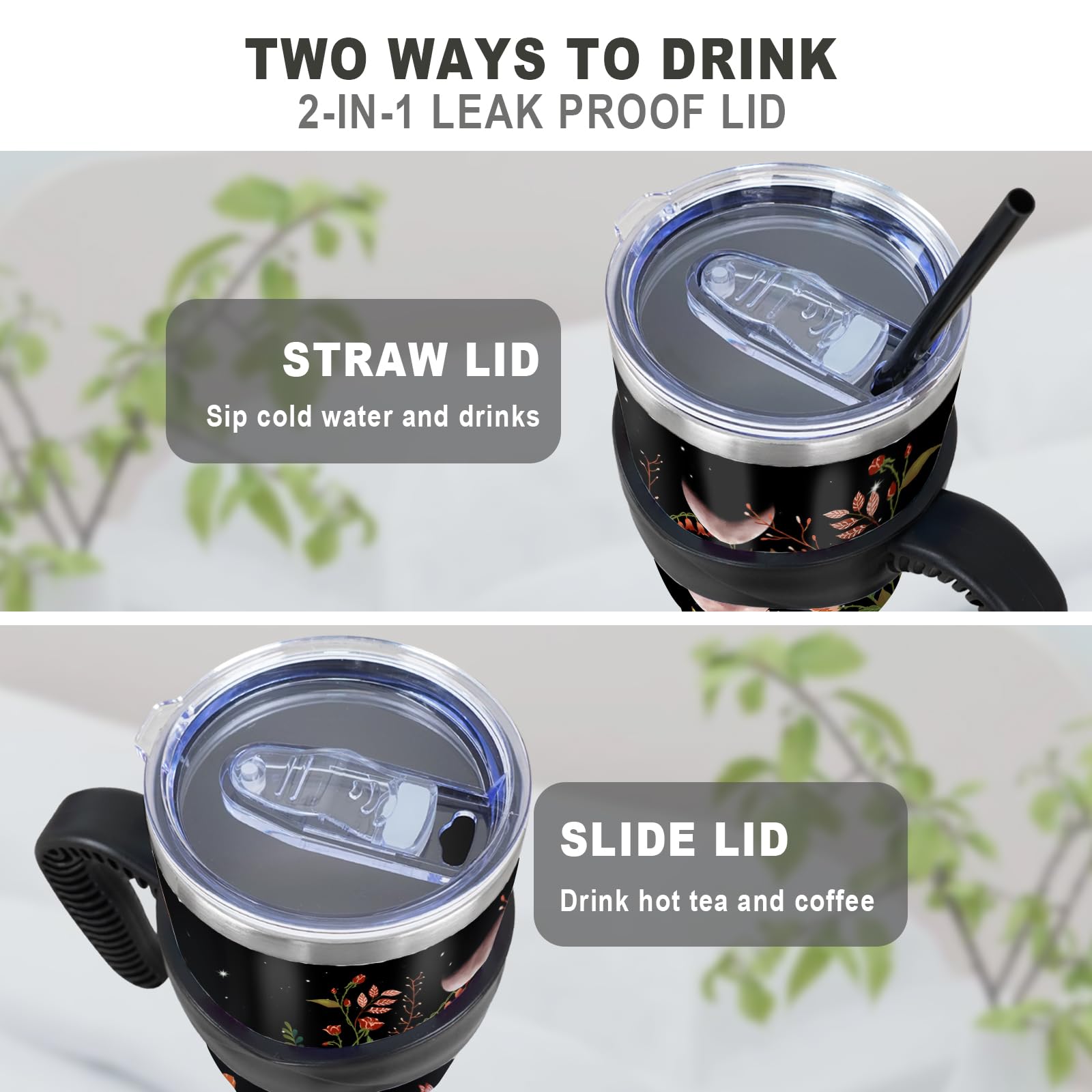 Exacmos 40 oz Tumbler with Handle and Straw 40 oz Boho Cup Insulated Stainless Steel Coffee Travel Mug Spill Proof Leak Proof Slim 40oz Tumbler with Handle Boho Decor Stuff Gifts for Women