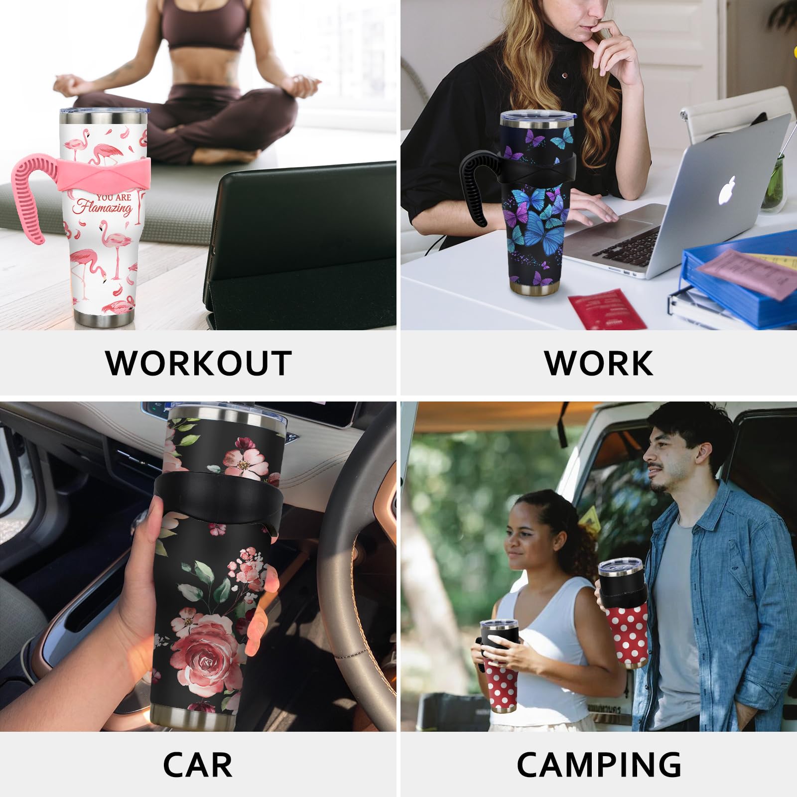 Exacmos 40 oz Tumbler with Handle and Straw 40 oz Boho Cup Insulated Stainless Steel Coffee Travel Mug Spill Proof Leak Proof Slim 40oz Tumbler with Handle Boho Decor Stuff Gifts for Women