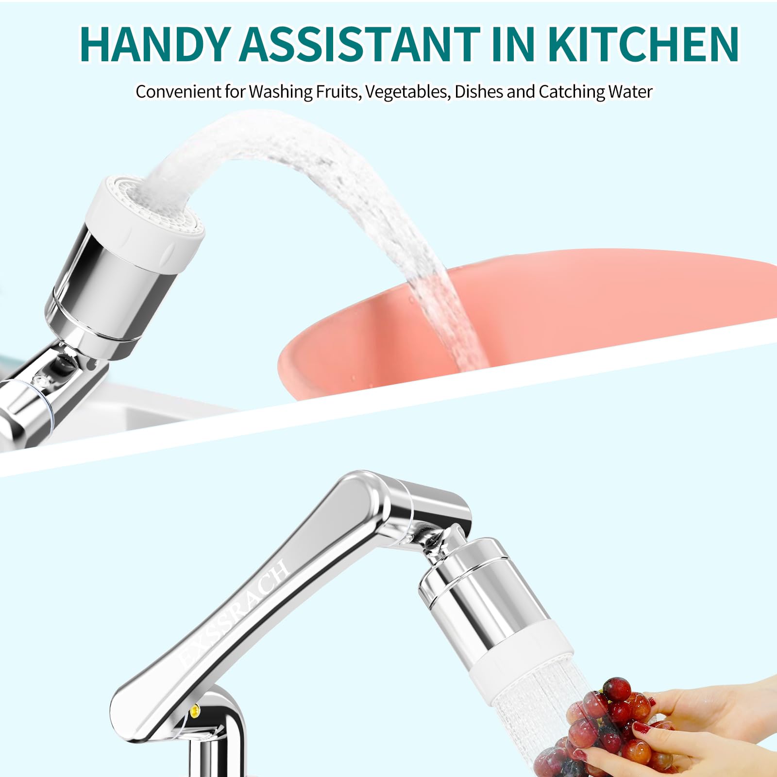 EXSSRACH 1440° Rotating Faucet Extender, Multifunctional 1080°+ 360° Swivel Extension Robotic Arm Sink Aerator for Kitchen/Bathroom, 2 Water Outlet Modes, Silver