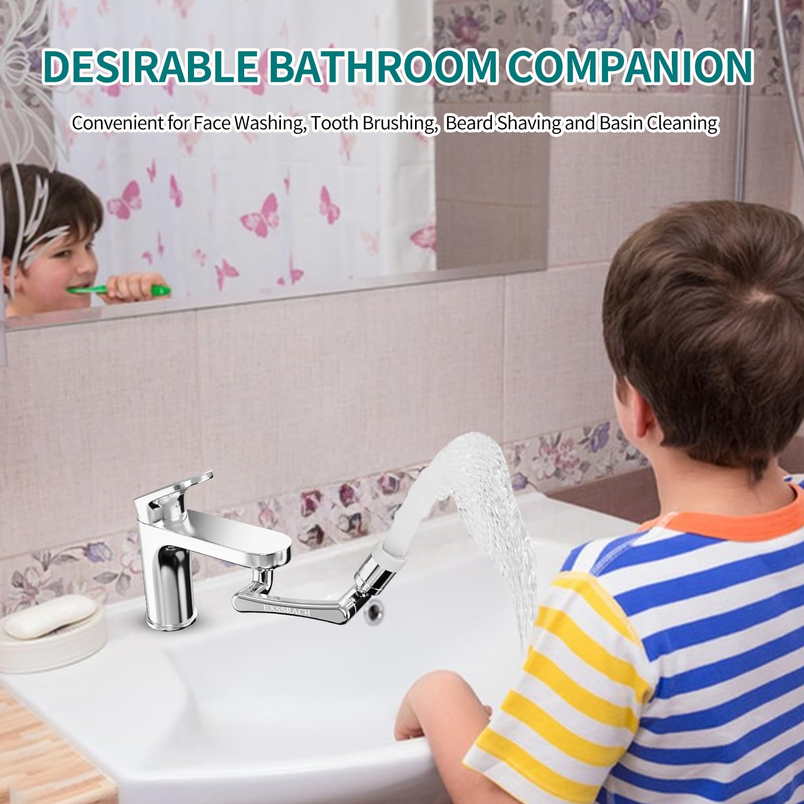EXSSRACH 1440° Rotating Faucet Extender, Multifunctional 1080°+ 360° Swivel Extension Robotic Arm Sink Aerator for Kitchen/Bathroom, 2 Water Outlet Modes, Silver