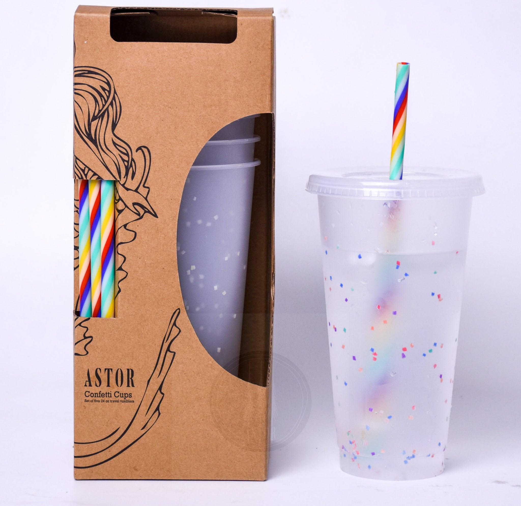 Aztec Sky Color Changing Cups | 5 Reusable Cups, Lids and Straws | Iced Coffee Tumblers | 24 oz Cold Cups (Confetti)
