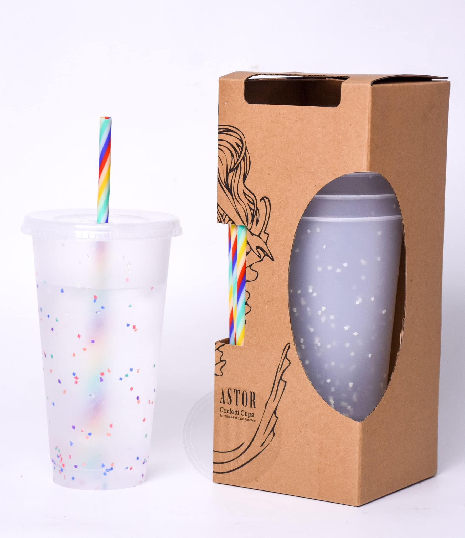Aztec Sky Color Changing Cups | 5 Reusable Cups, Lids and Straws | Iced Coffee Tumblers | 24 oz Cold Cups (Confetti)