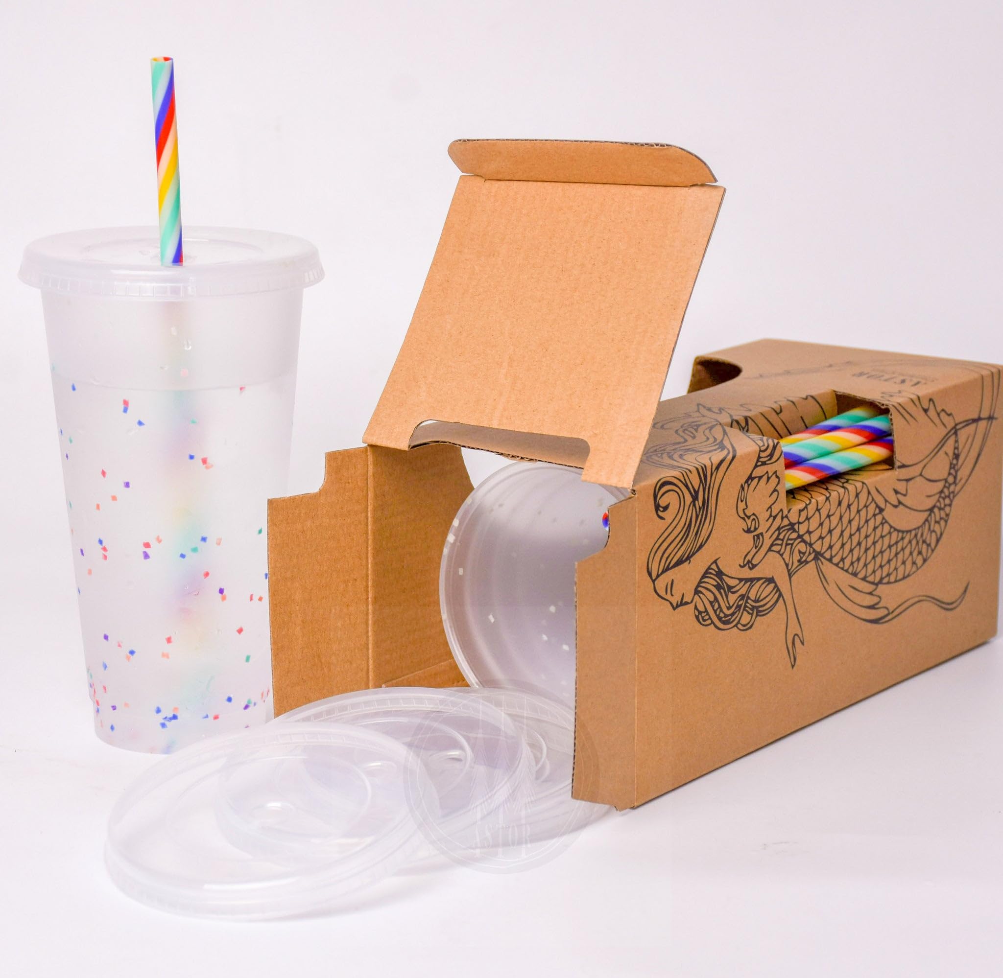 Aztec Sky Color Changing Cups | 5 Reusable Cups, Lids and Straws | Iced Coffee Tumblers | 24 oz Cold Cups (Confetti)