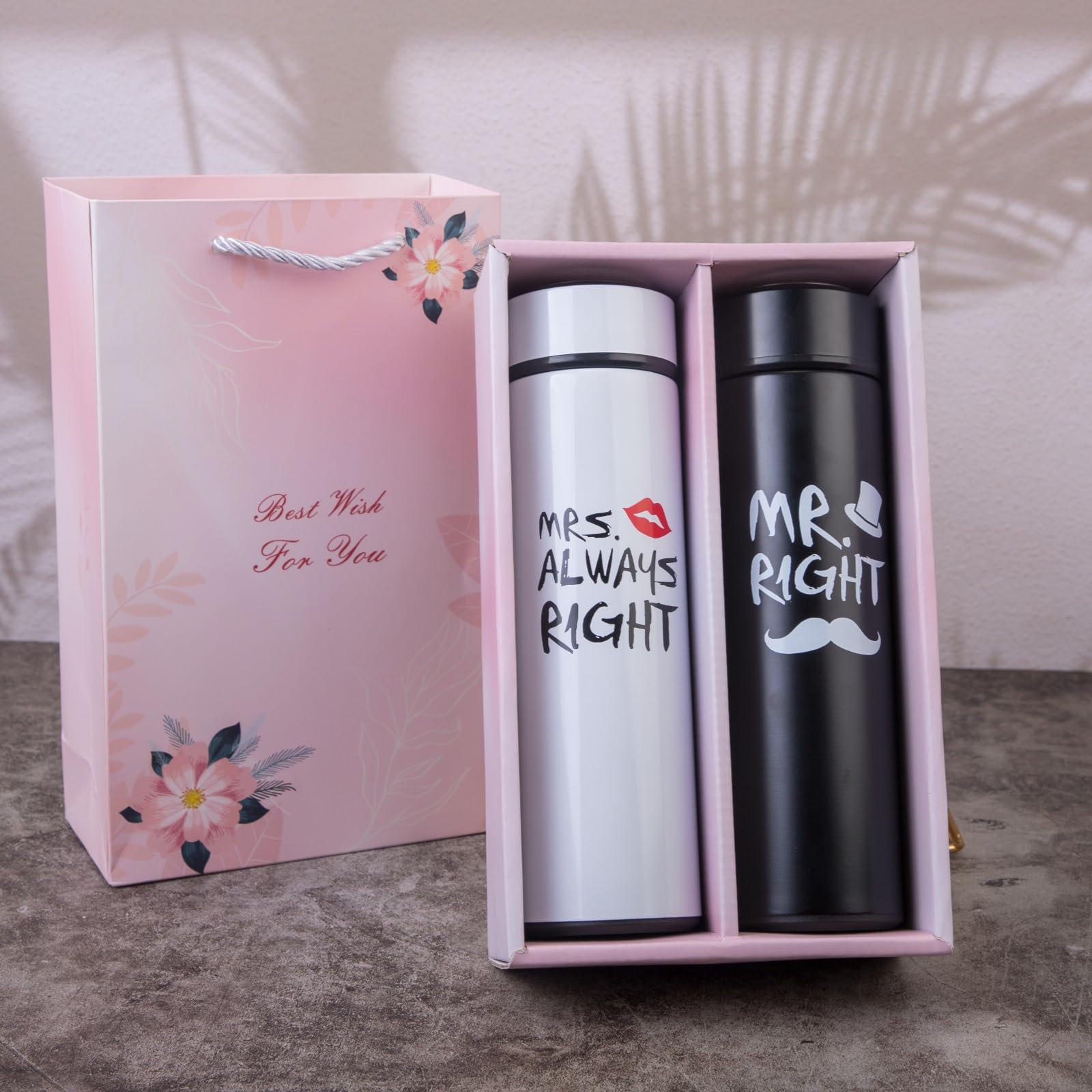 Mr and Mrs Travel Vacuum Tumbler Set - Unique Wedding Gifts For Bride and Groom - His and Hers Anniversary Present - Valentine's day Engagement Gift Idea 15 oz insulated Bottle For Husband Wife