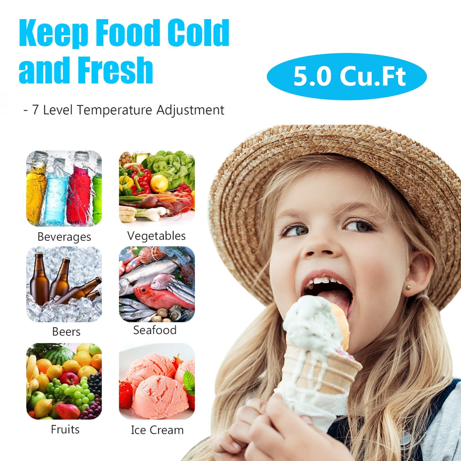 Chest Freezer 5.0 Cu.Ft Small Deep Freezer Black Top Door Mini Freezer with Removable Basket, Low Noise, 7 Adjustable Temperature and Energy Saving Perfect for Home Garage Basement Dorm or Apartment