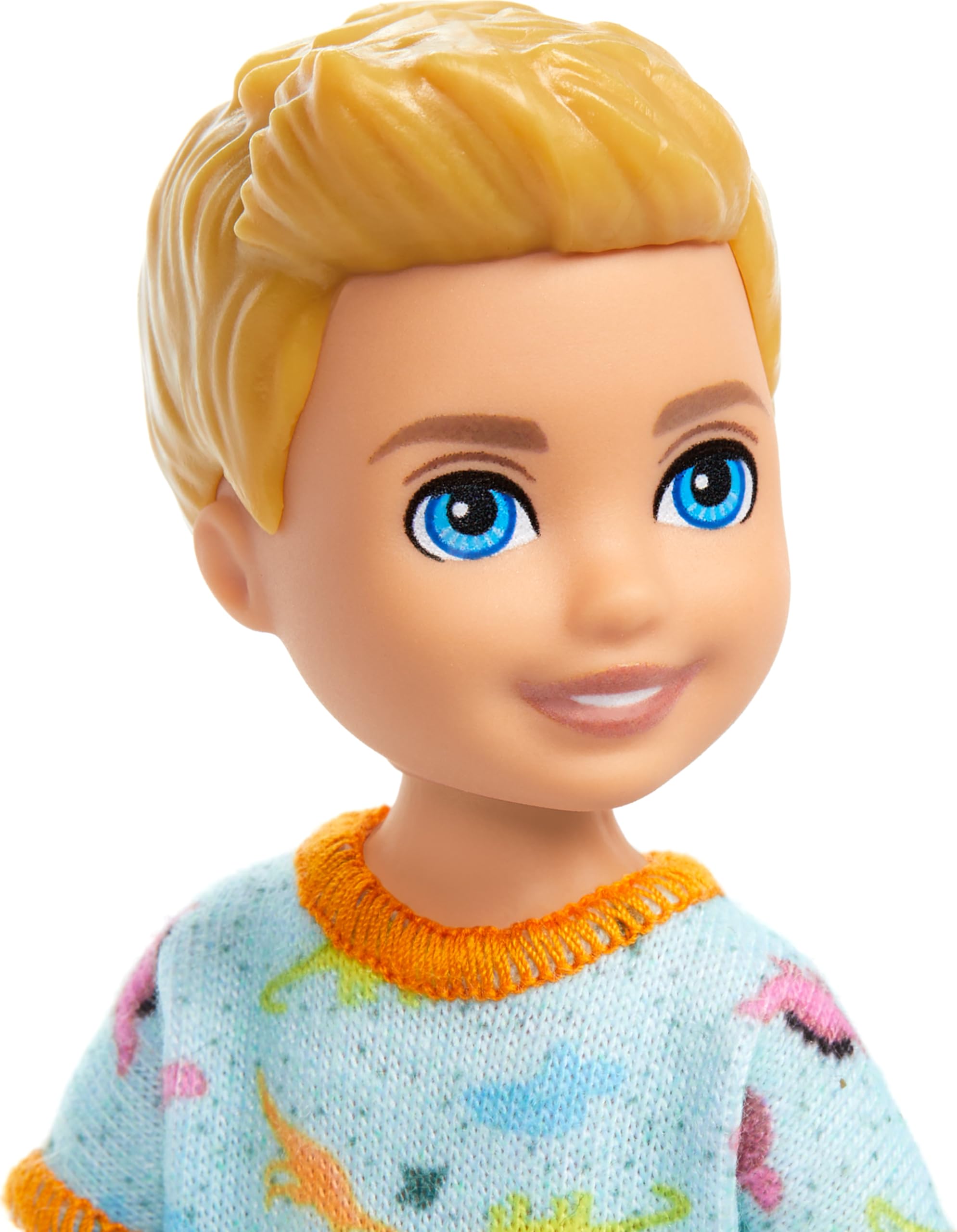 Barbie Chelsea Doll, Small Boy Doll Wearing Removable One-Piece with Dinosaur Print & White Shoes, Blond Hair & Blue Eyes