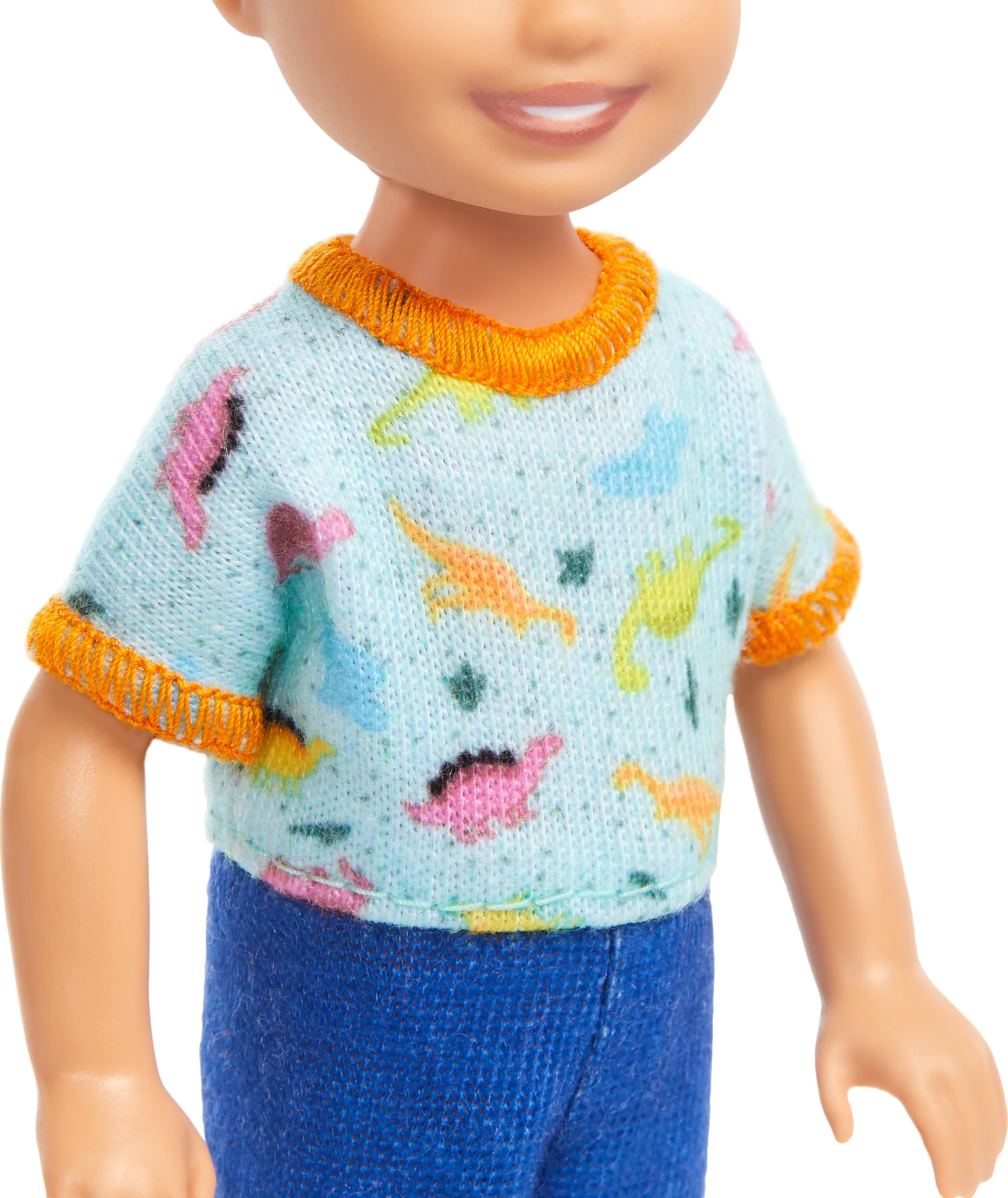 Barbie Chelsea Doll, Small Boy Doll Wearing Removable One-Piece with Dinosaur Print & White Shoes, Blond Hair & Blue Eyes