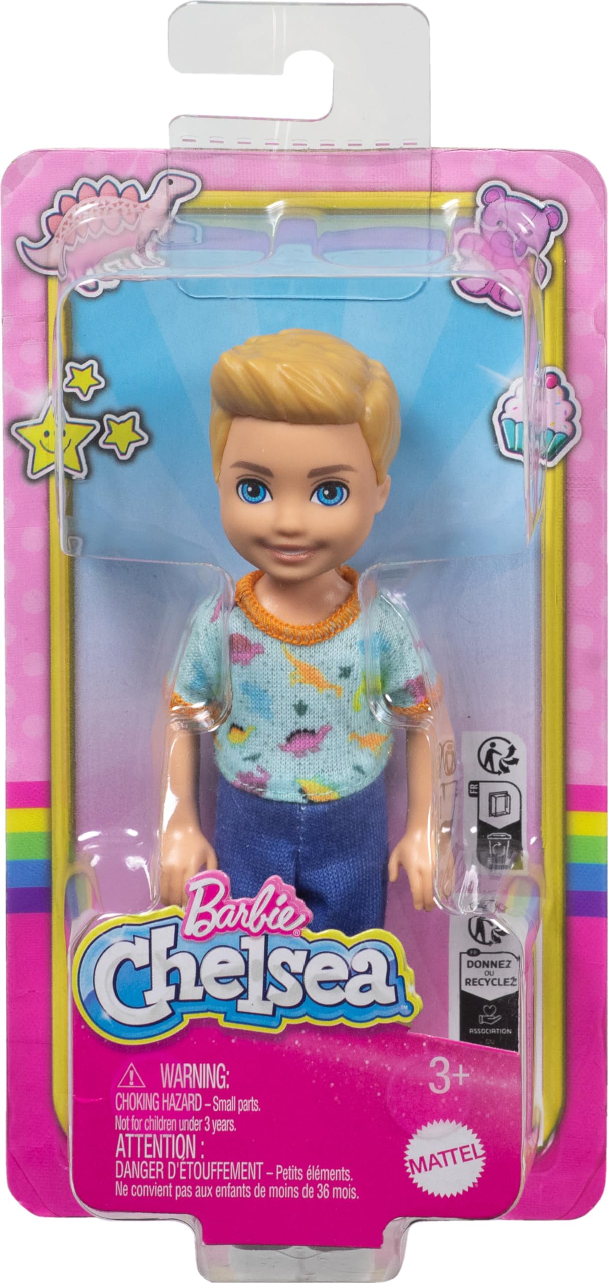 Barbie Chelsea Doll, Small Boy Doll Wearing Removable One-Piece with Dinosaur Print & White Shoes, Blond Hair & Blue Eyes