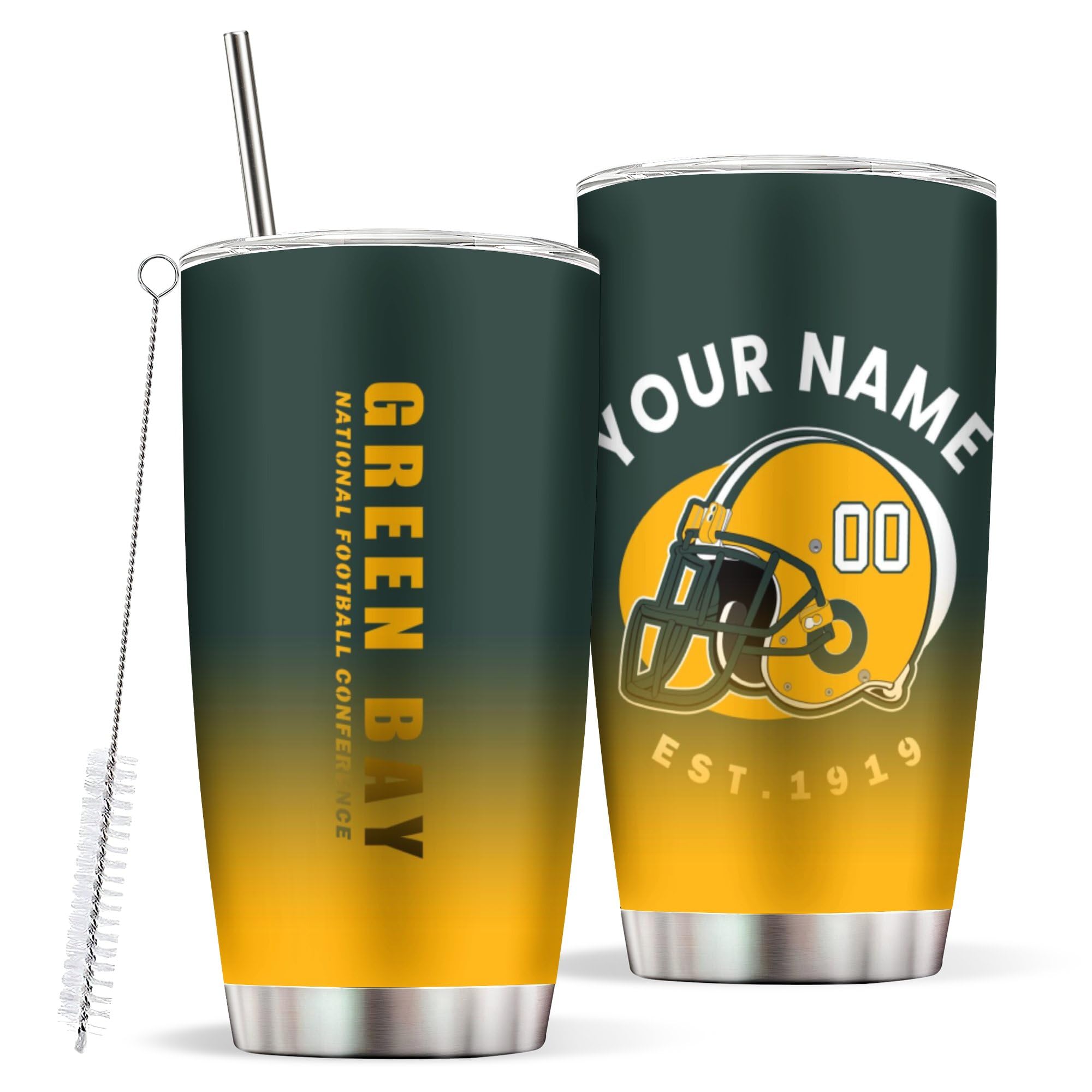 Custom Green Bay Tumbler 20oz Stainless Steel with Lid & Straw Personalized Football Fans Gifts for Women Men Travel Cup Insulated Tumbler Add Name Number