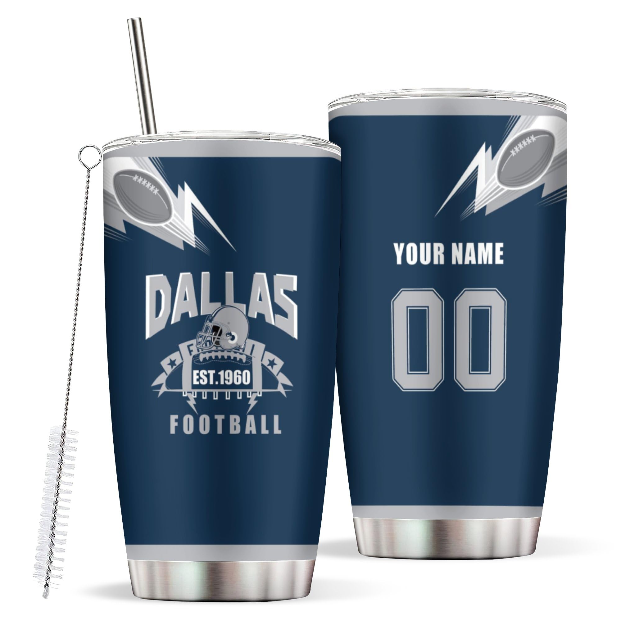 Custom Dallas Tumbler 20oz Stainless Steel with Lid & Straw Personalized Football Fans Gifts for Women Men Travel Cup Insulated Tumbler Add Name Number