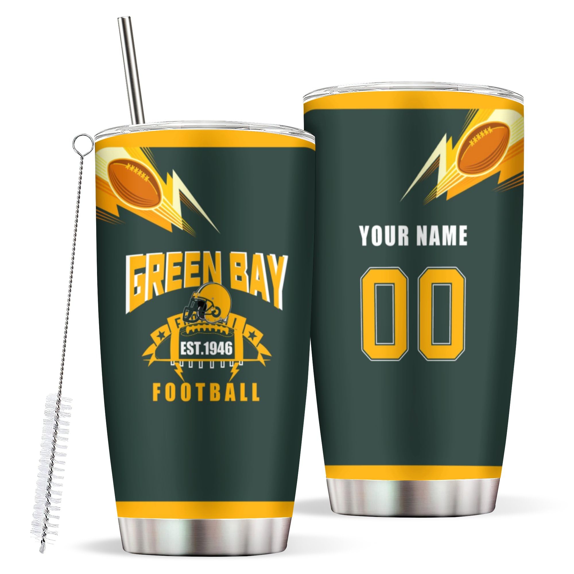 Custom Green Bay Tumbler 20oz Stainless Steel with Lid & Straw Personalized Football Fans Gifts for Women Men Travel Cup Insulated Tumbler Add Name Number