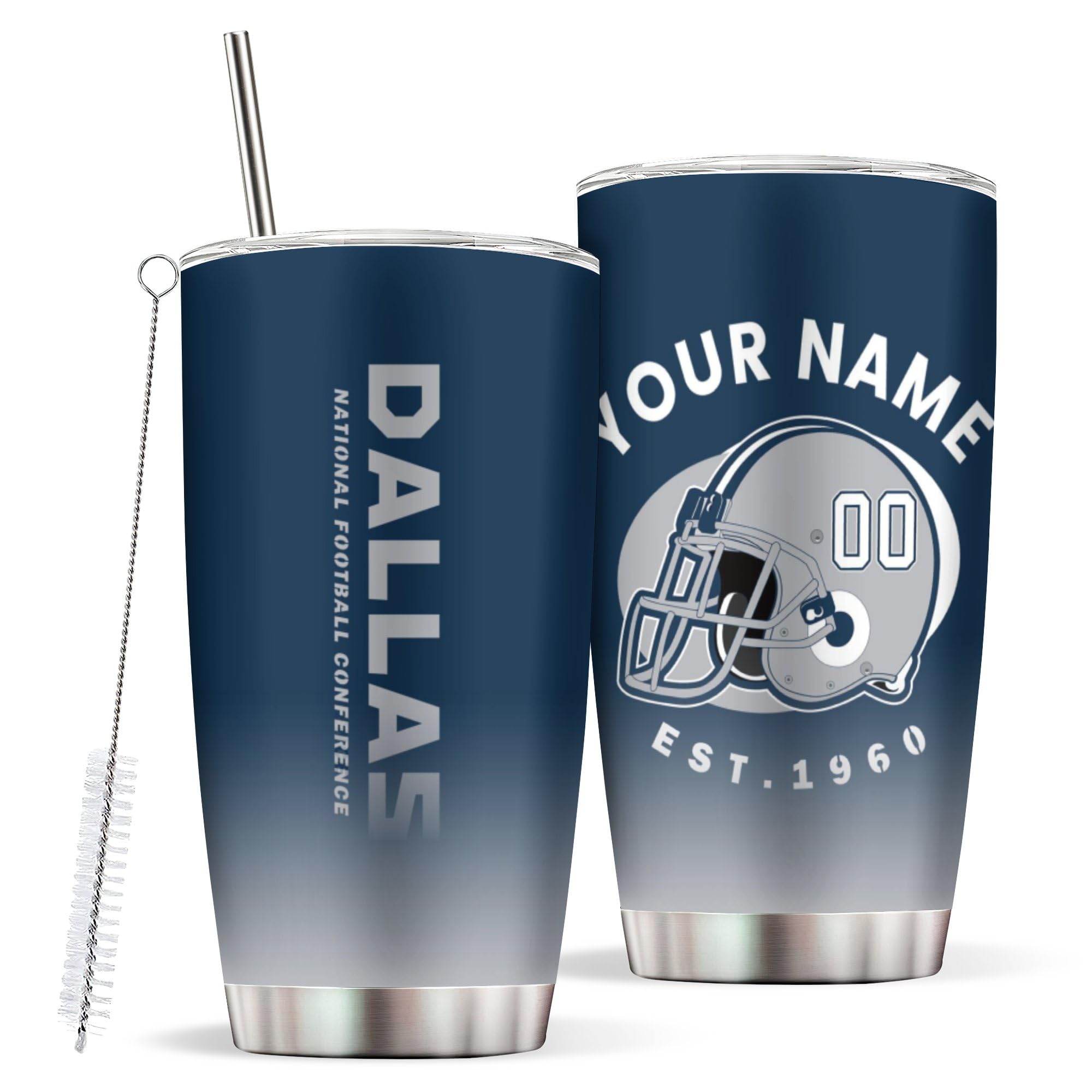 Custom Dallas Tumbler 20oz Stainless Steel with Lid & Straw Personalized Football Fans Gifts for Women Men Travel Cup Insulated Tumbler Add Name Number