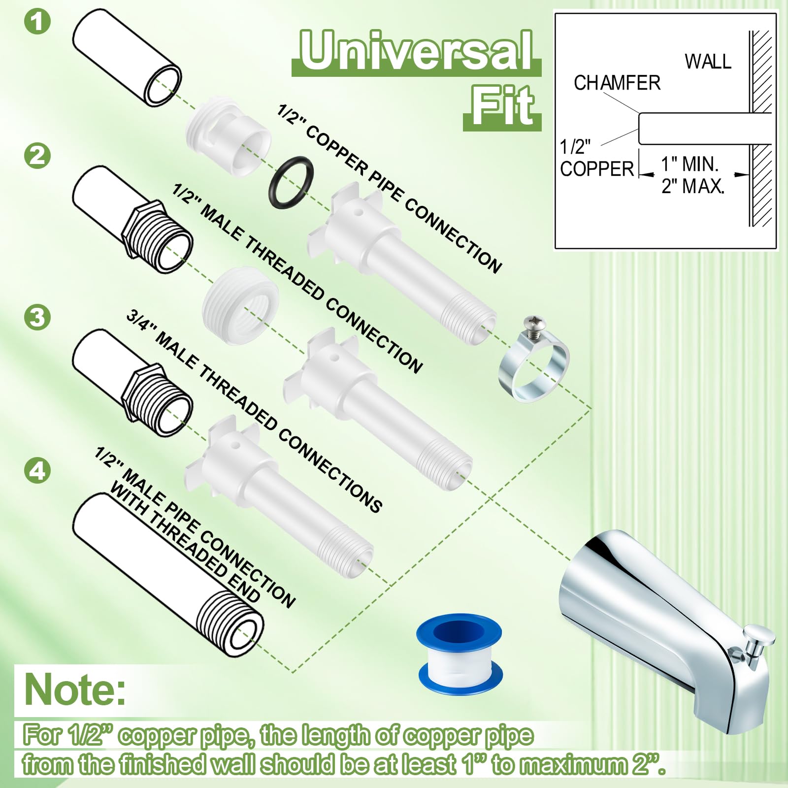 Enhon Tub Spout with Diverter, Universal Fits 1/2'' Copper Pipe, 1/2'' IPS and 3/4'' IPS, Bathroom Bathtub Tub Faucet Replacement with Adapters (Chrome)