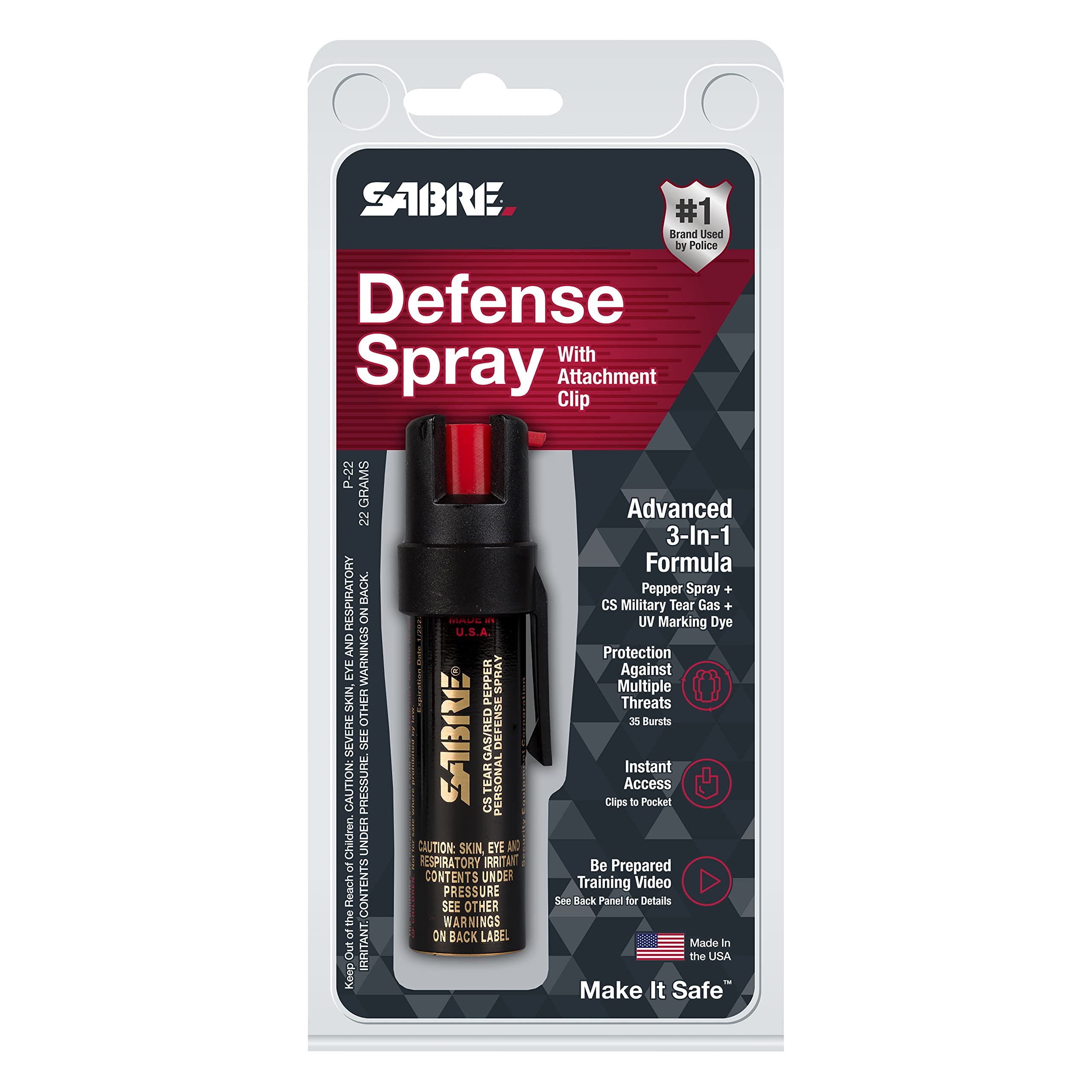 SABRE Advanced Pepper Spray, 3-in-1 Formula Contains Maximum Strength Pepper Spray, CS Military Tear Gas and UV Marking Dye, Compact Belt Clip for Easy Carry and Fast Access, 35 Bursts, 0.67 fl oz