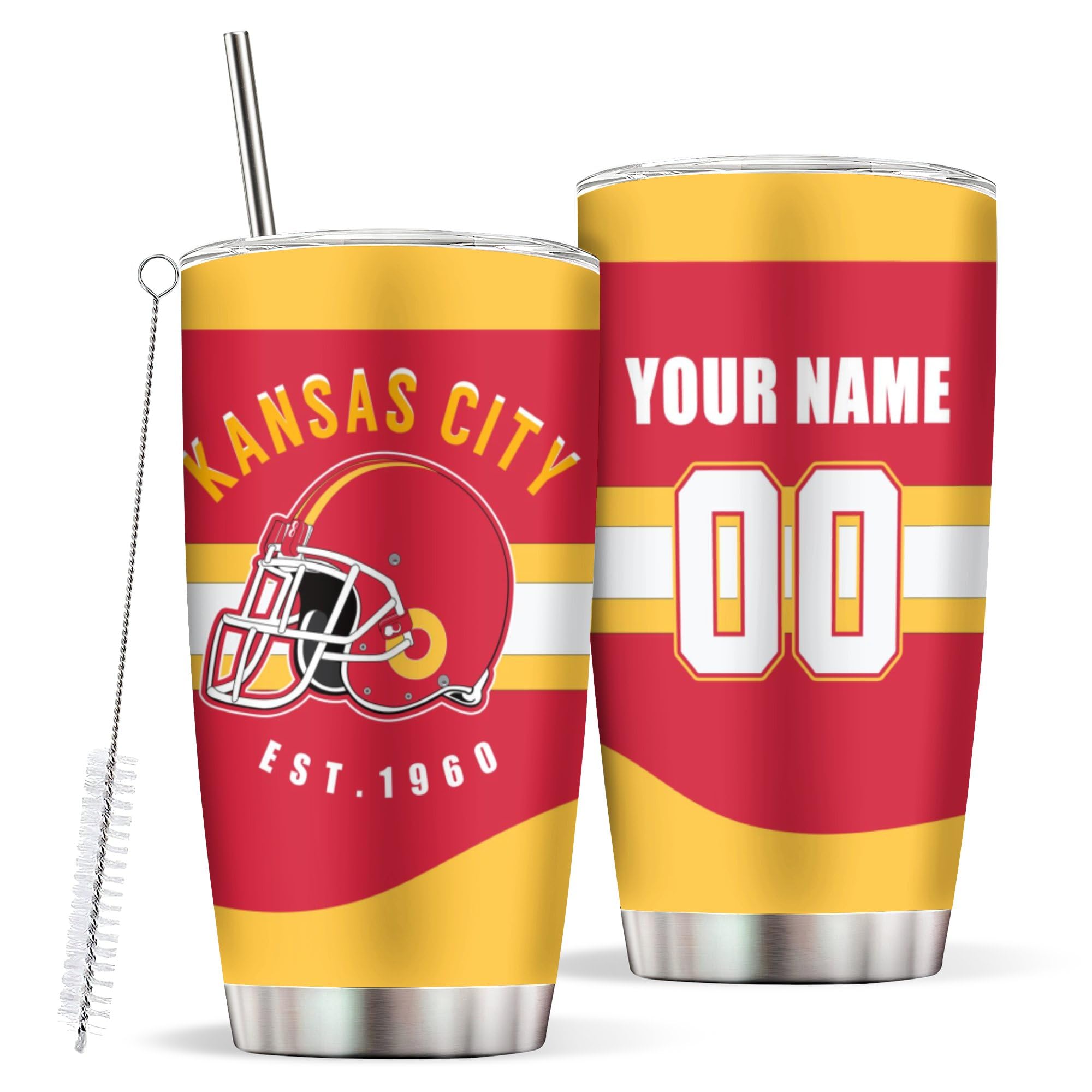 Custom Kansas City Tumbler 20oz Stainless Steel with Lid & Straw Personalized Football Fans Gifts for Women Men Coffee Travel Insulated Mug Cup Add Name Number