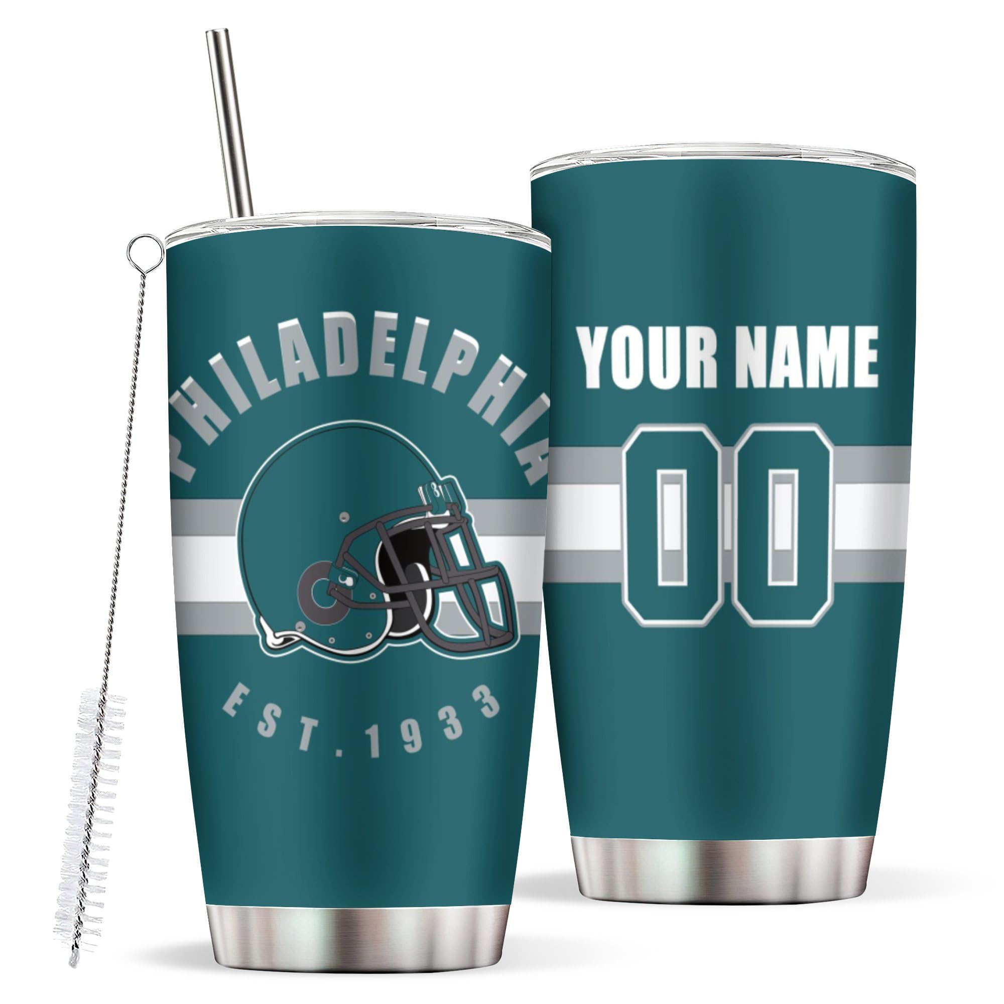 Custom Philadelphia Tumbler 20oz Stainless Steel with Lid & Straw Personalized Football Fans Gifts for Women Men Coffee Travel Mug Cup Add Name Number