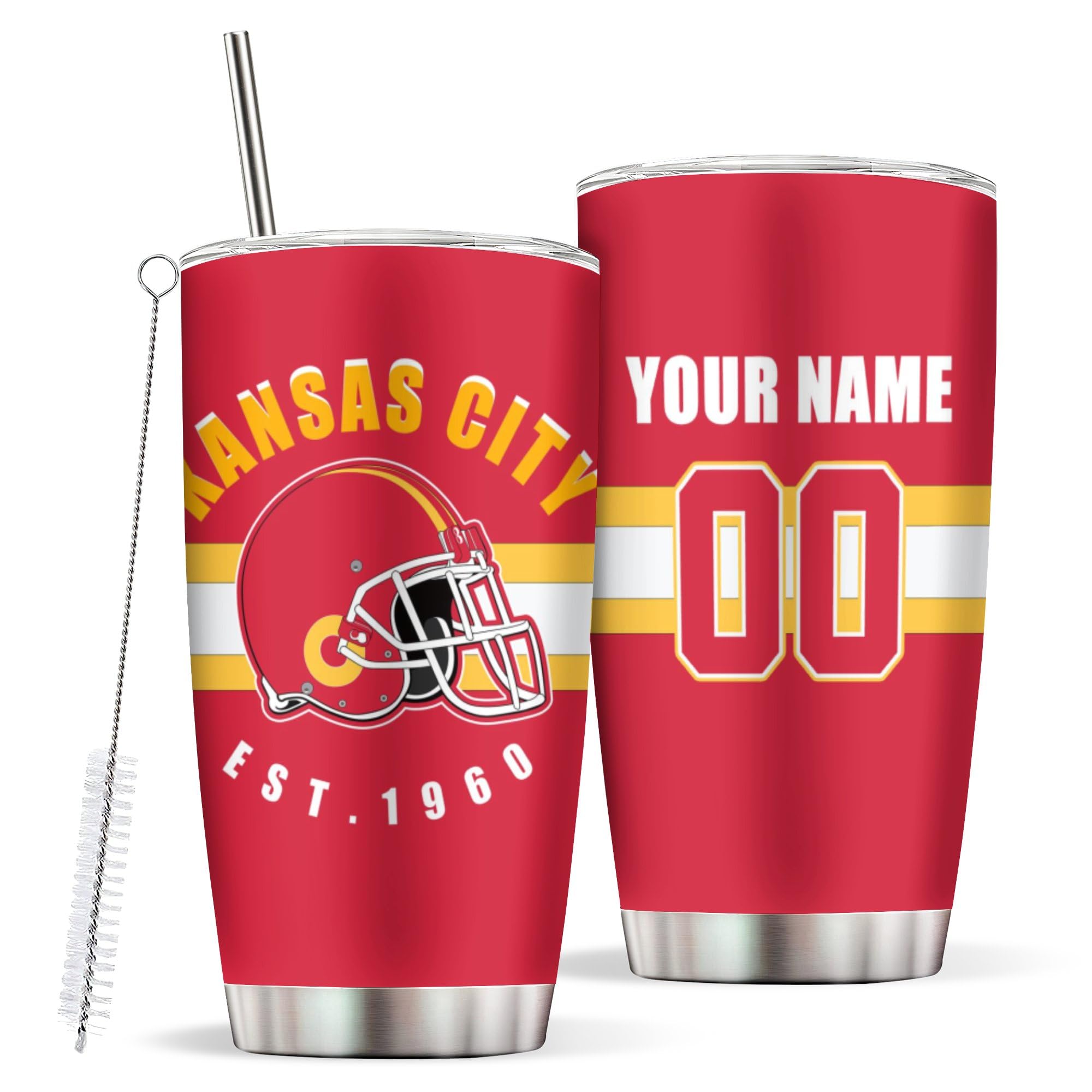 Custom Kansas City Tumbler 20oz Stainless Steel with Lid & Straw Personalized Football Fans Gifts for Women Men Coffee Travel Mug Cup Add Name Number
