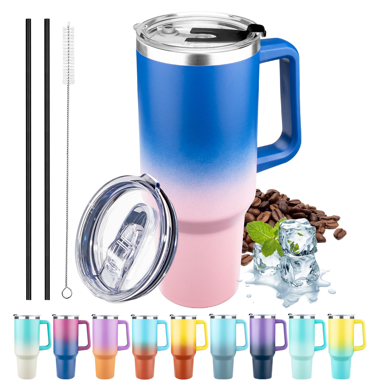 GUDEMAO 40 oz Tumbler with Handle, Insulated Tumbler with Lid and Straw, Reusable Stainless Steel Vacuum Insulated Cup, 100% Leak Proof Thermal Travel Coffee Mug Cup for Cold and Hot (Blue Pink)